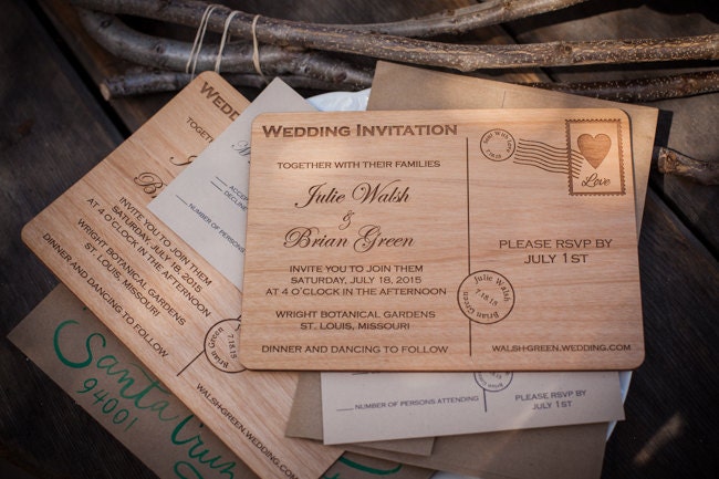 Postcard Wooden Wedding Invitation Real Wood Invite | Etsy