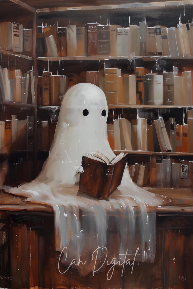 Cute Ghost Reading in Library Digital Halloween Cottagecore Decor Dark ...