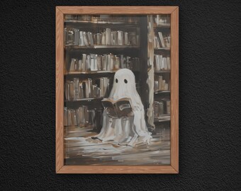 Cute Ghost Reading in Library Digital Halloween Cottagecore Decor Dark ...