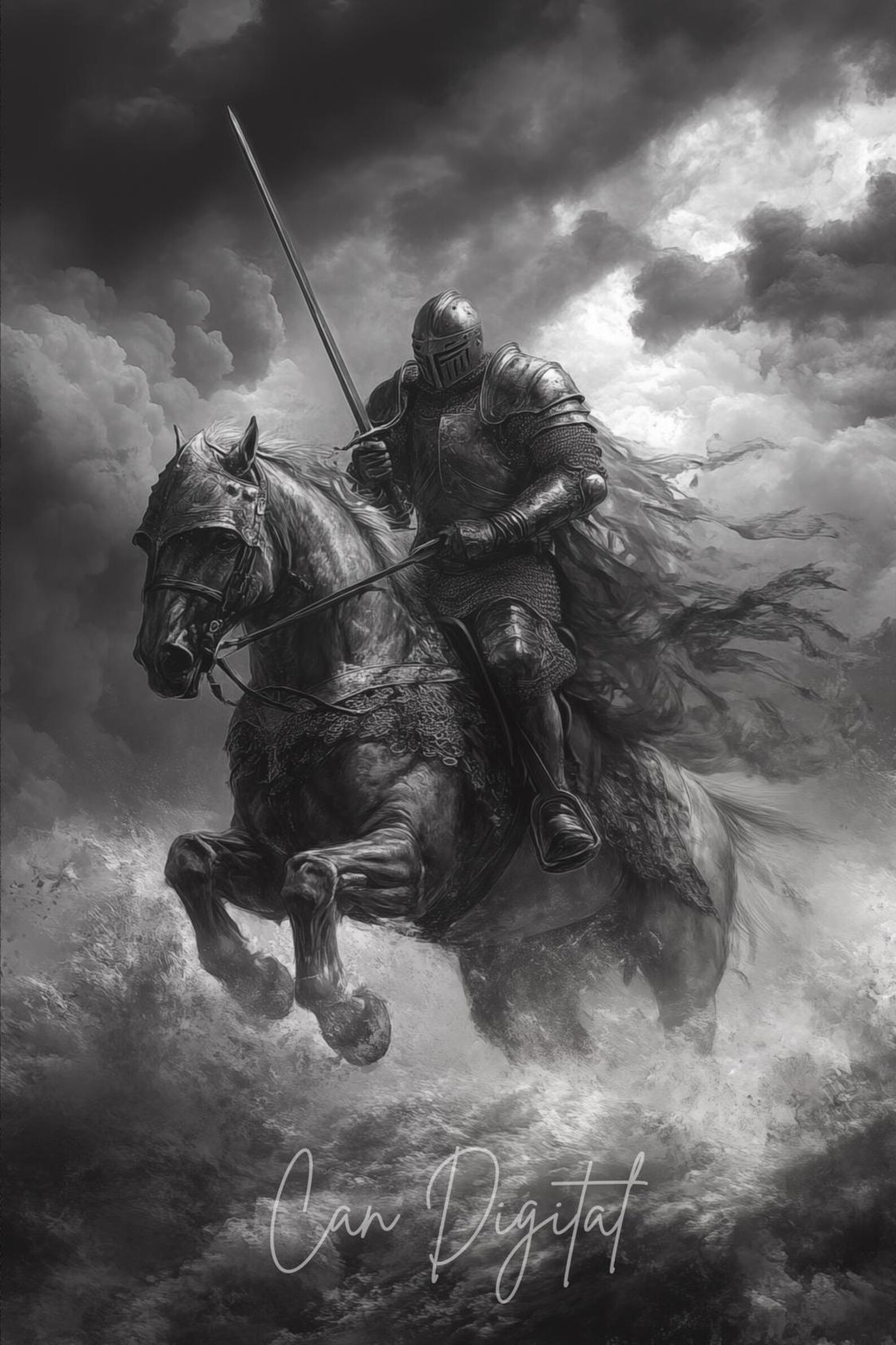 Gothic Medieval Knight Riding a Horse Dark Fantasy Art Noir Medieval ...