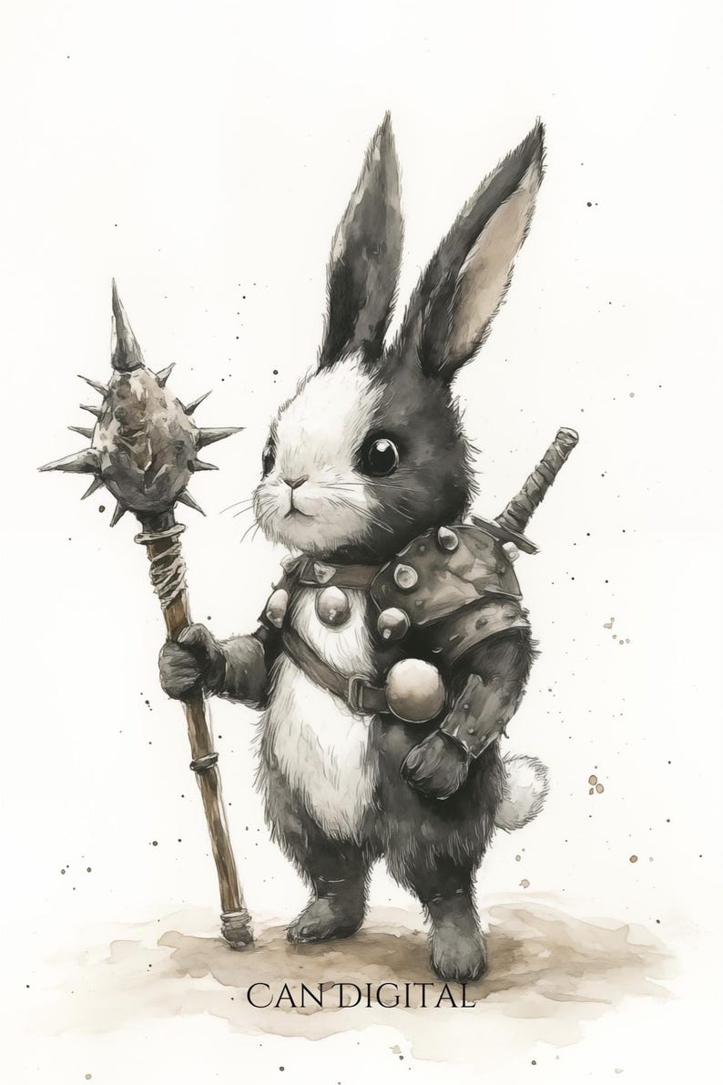 Armored Bunny Warrior Printable – Fantasy Rabbit Wall Art With Mace ...