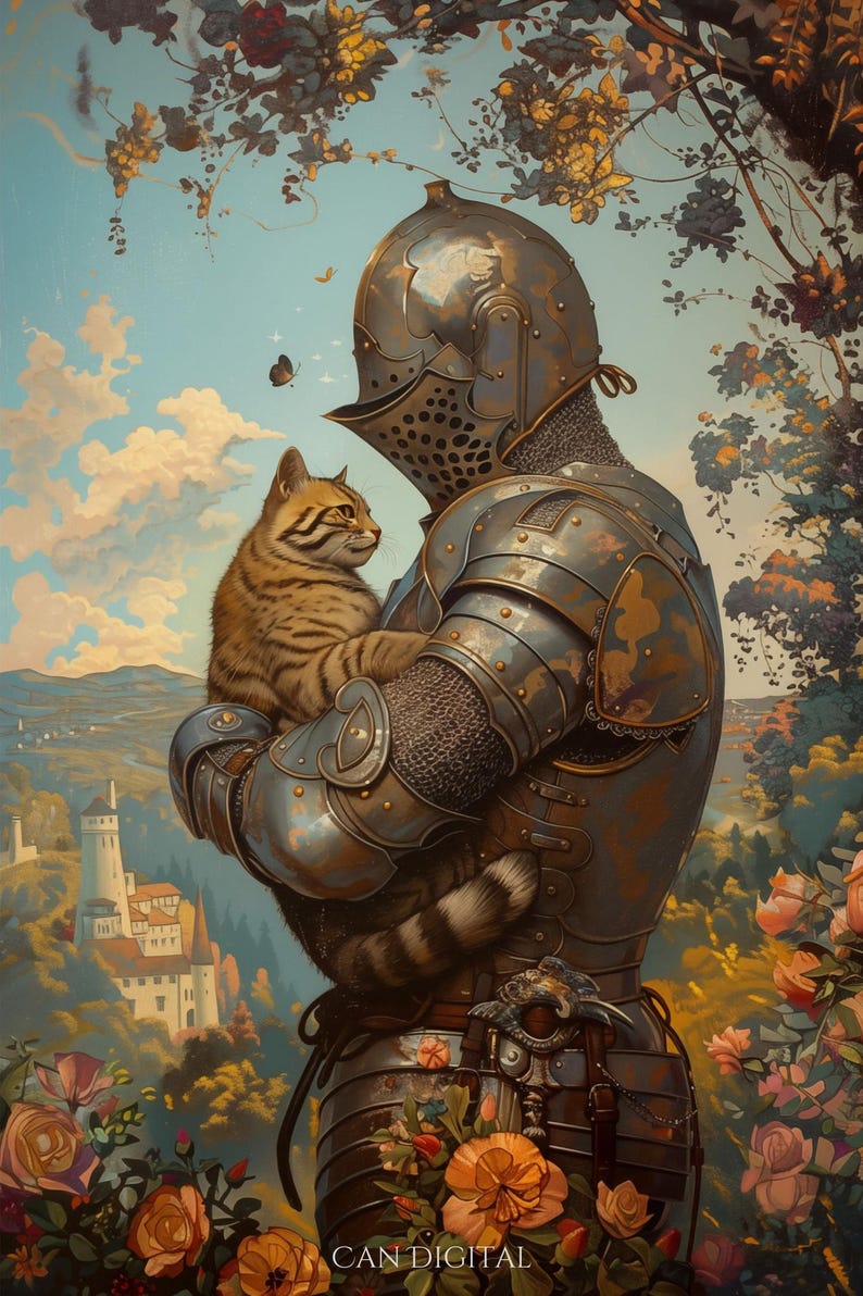 Medieval Knight Holding a Cat Art Print | Whimsical Fantasy Decor ...