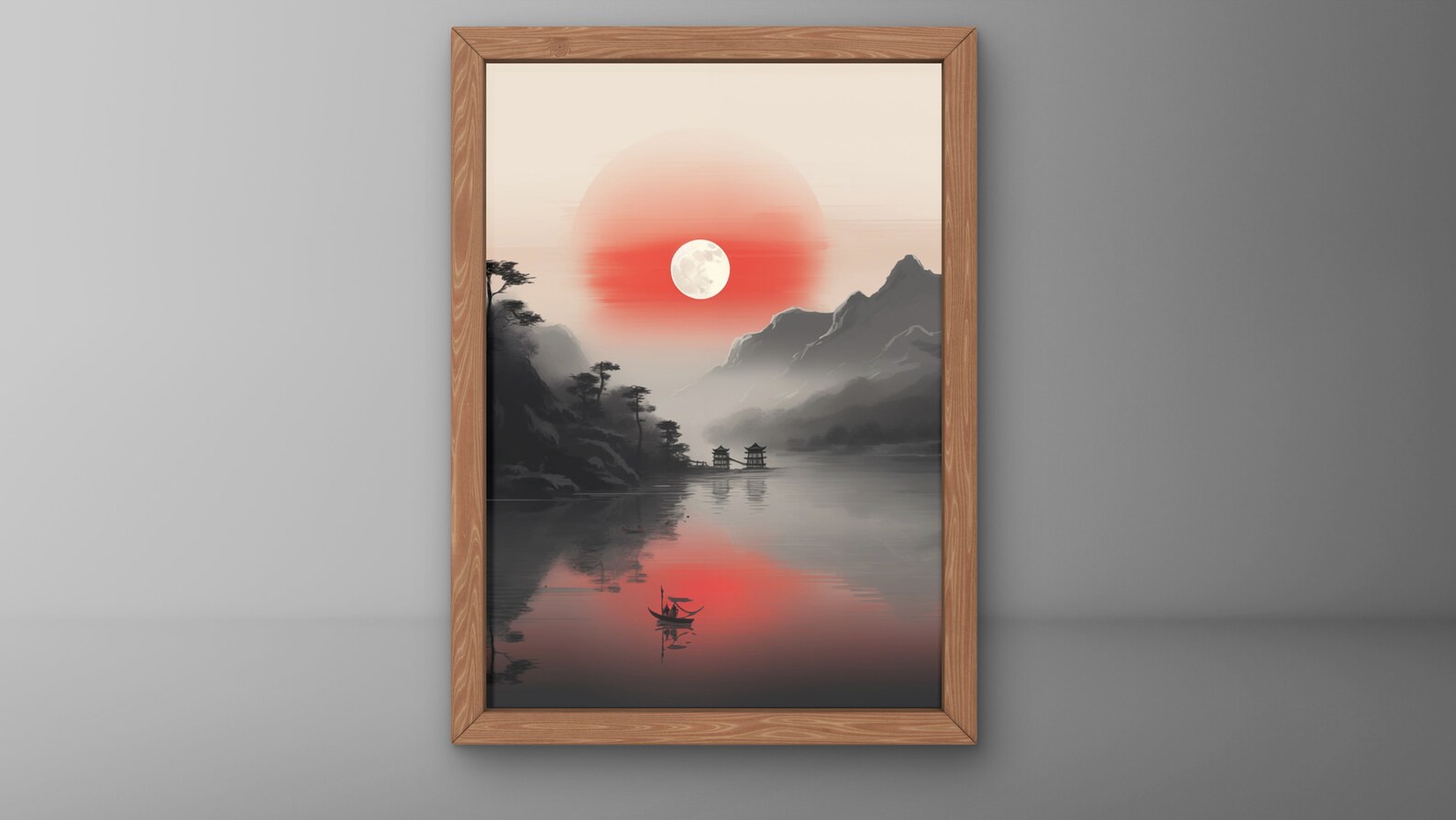 Ink Painting of the Red Sun Rising Over Mountains High Contrast ...