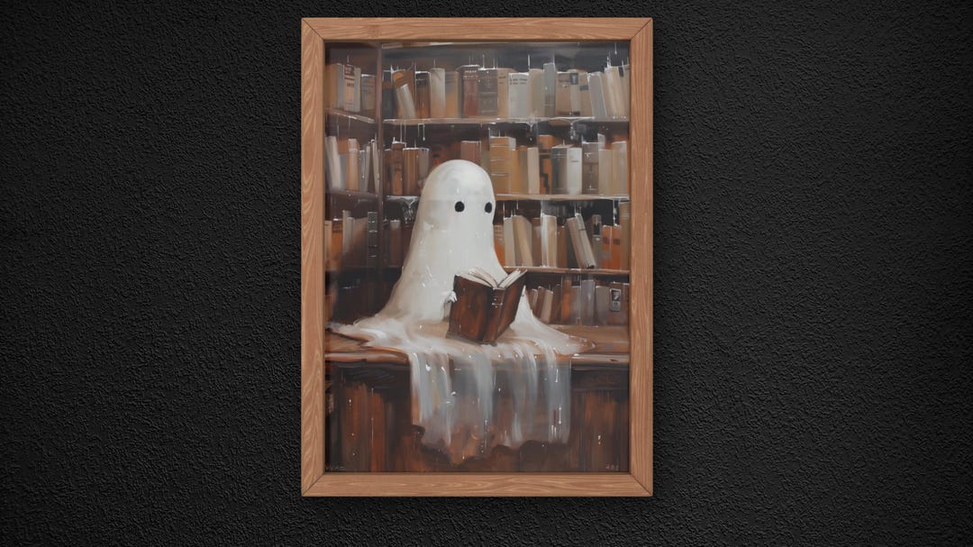 Cute Ghost Reading in Library Digital Halloween Cottagecore Decor Dark ...
