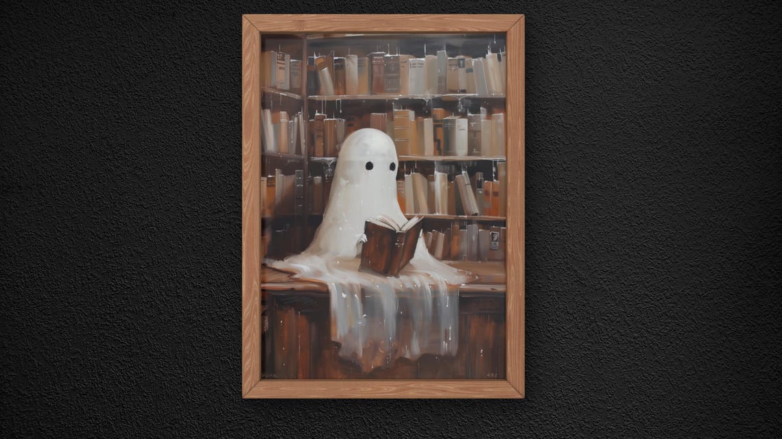 Cute Ghost Reading in Library Digital Halloween Cottagecore Decor Dark ...