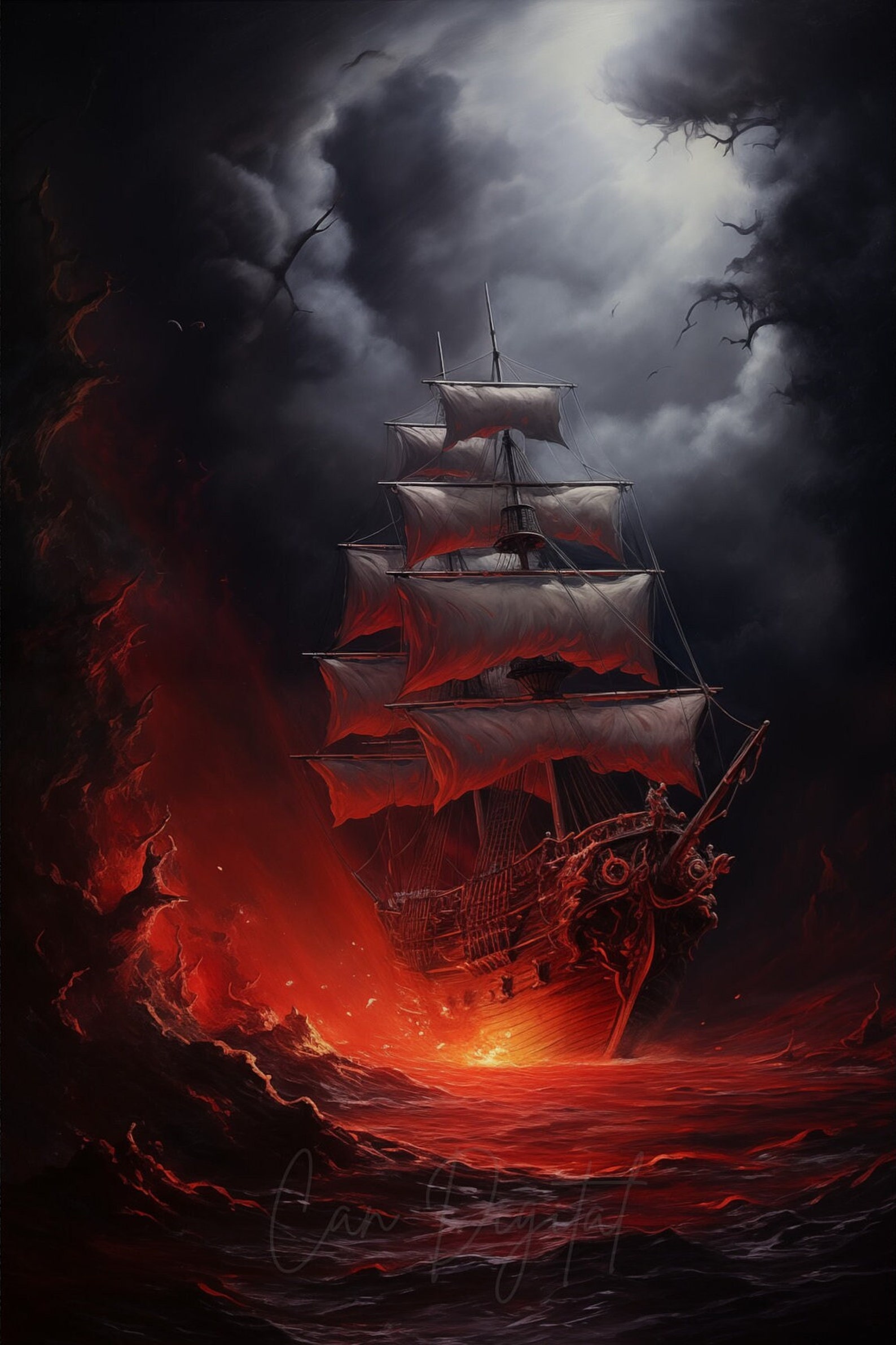 Vintage Ship Ghost Ship Ship Oil Painting Print Nautical Art Dark ...