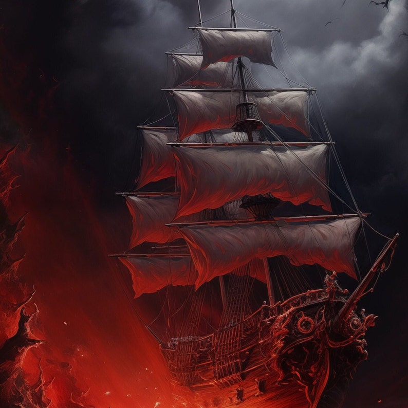 Vintage Ship Ghost Ship Ship Oil Painting Print Nautical Art Dark ...