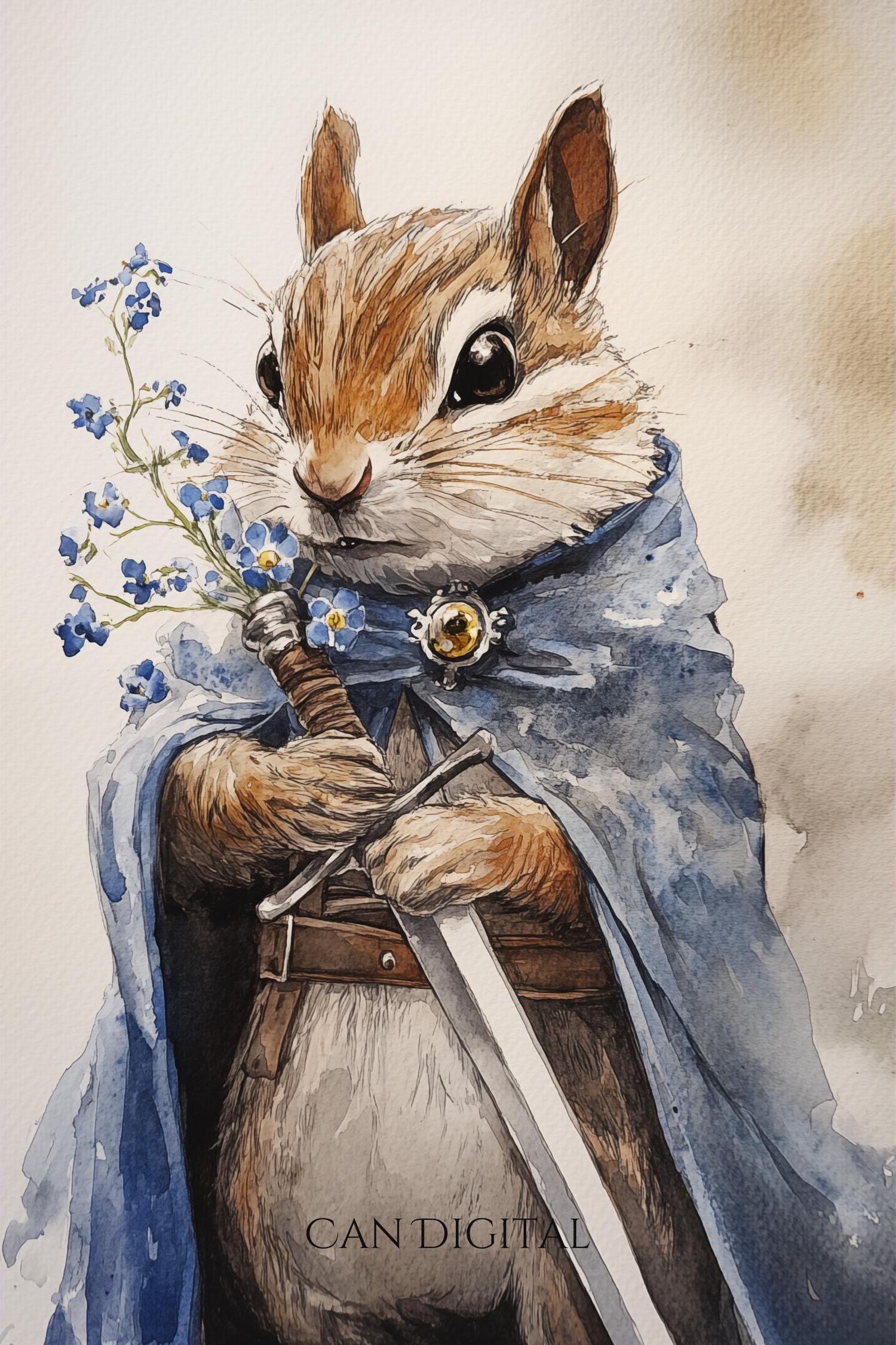 Squirrel Knight Printable Wall Art – Fantasy Woodland Warrior Holding ...