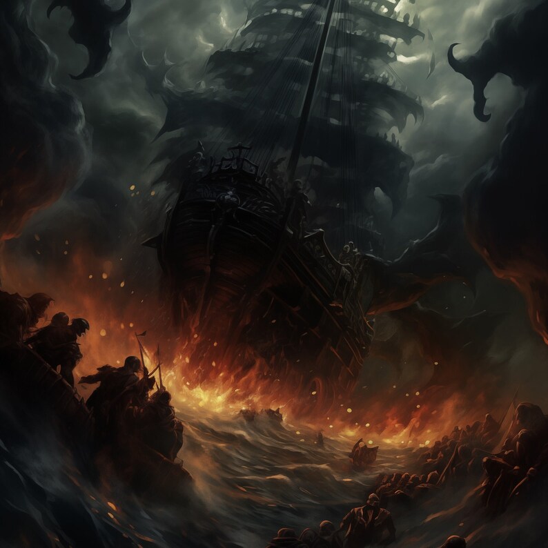 Vintage Ship Ghost Ship Ship Oil Painting Print Nautical Art Dark ...