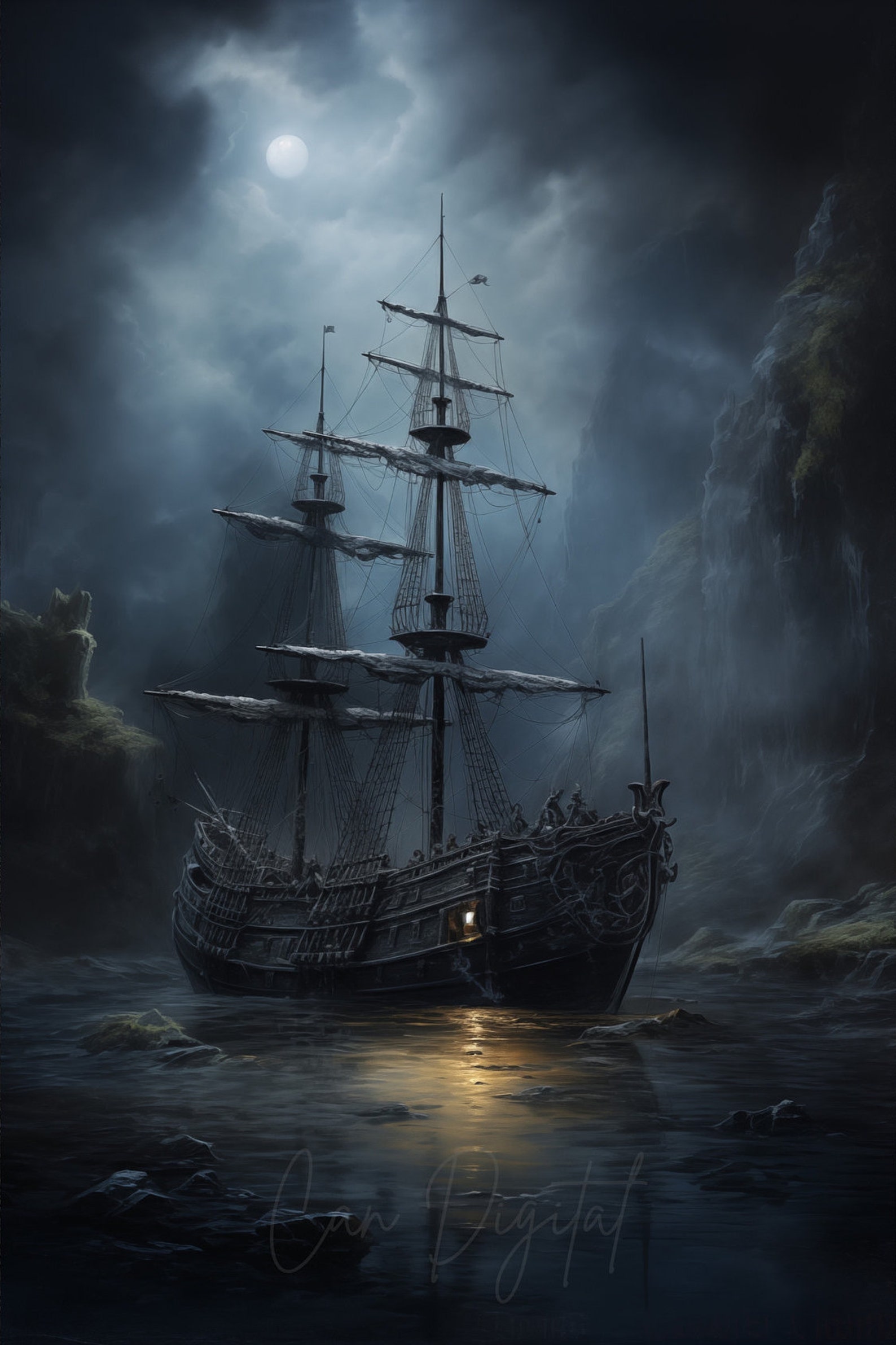 Vintage Ship Ghost Ship Ship Oil Painting Print Nautical Art Dark ...