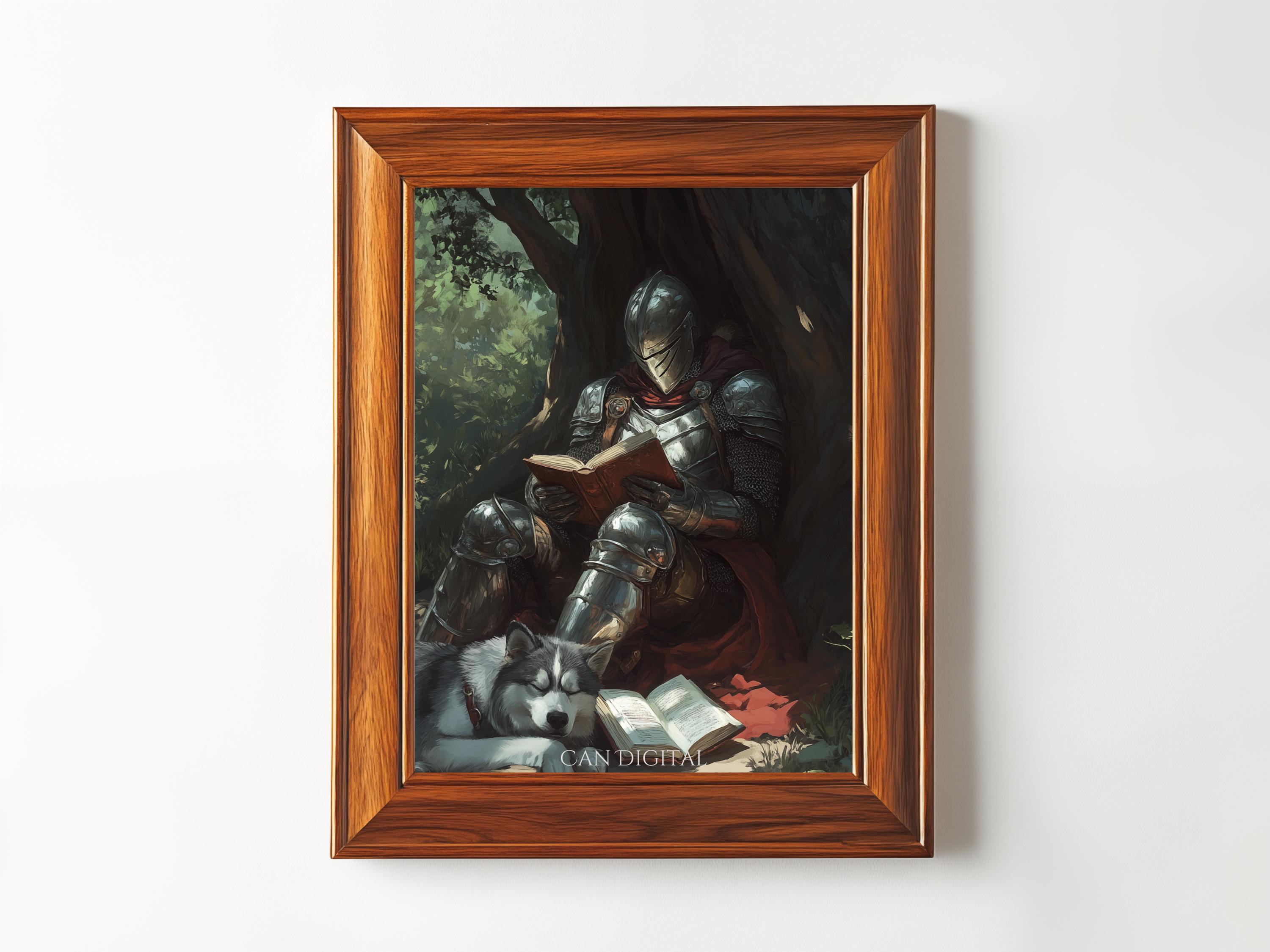 Medieval Knight Art Print, Tree Scene With Grey Husky Dog, Fantasy Wall ...