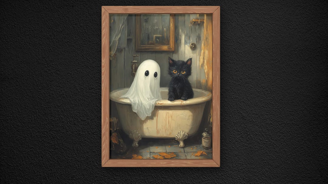 Cute Ghost and Black Kitten Art Print Ghost and a Kitten in Bath Halloween Decoration Digital ...