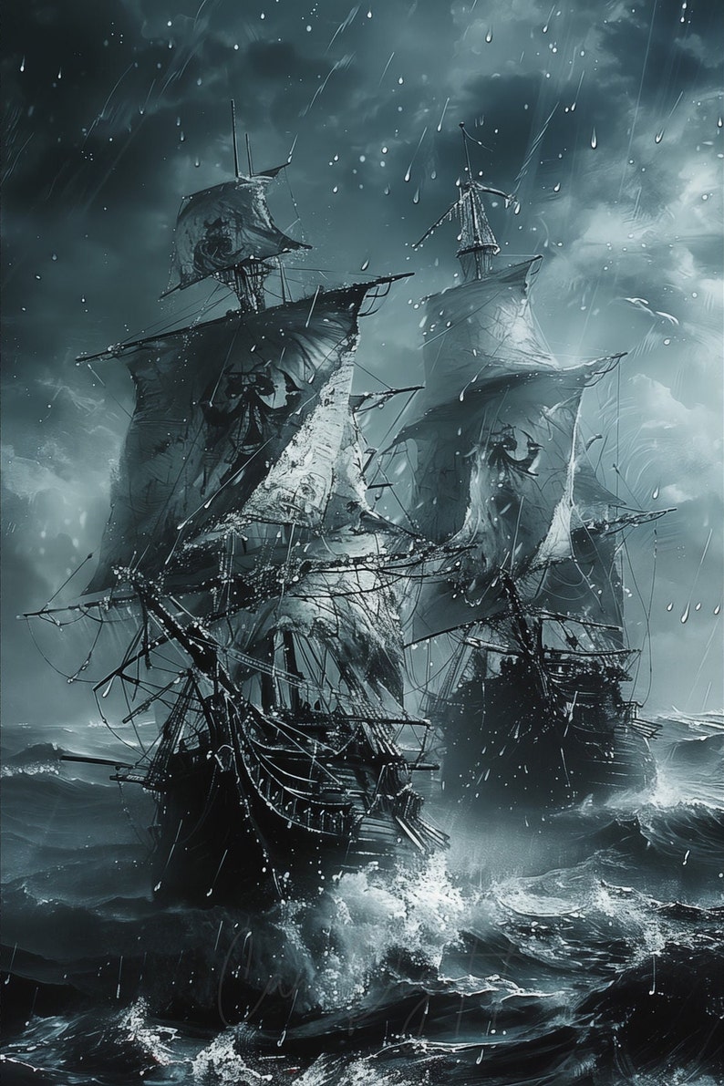 Stormy Sea Battle Pirate Ship Digital Art Print Nautical Wall Decor ...
