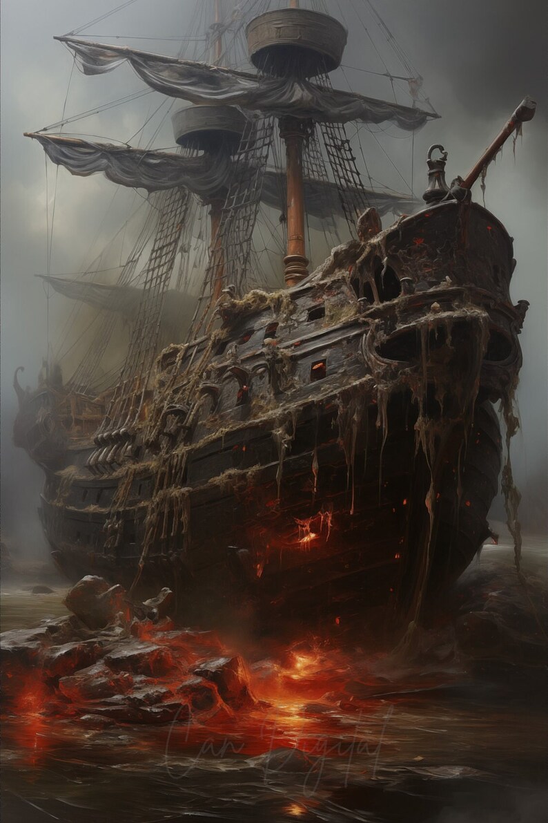 Vintage Ship Ghost Ship Ship Oil Painting Print Nautical Art Dark ...