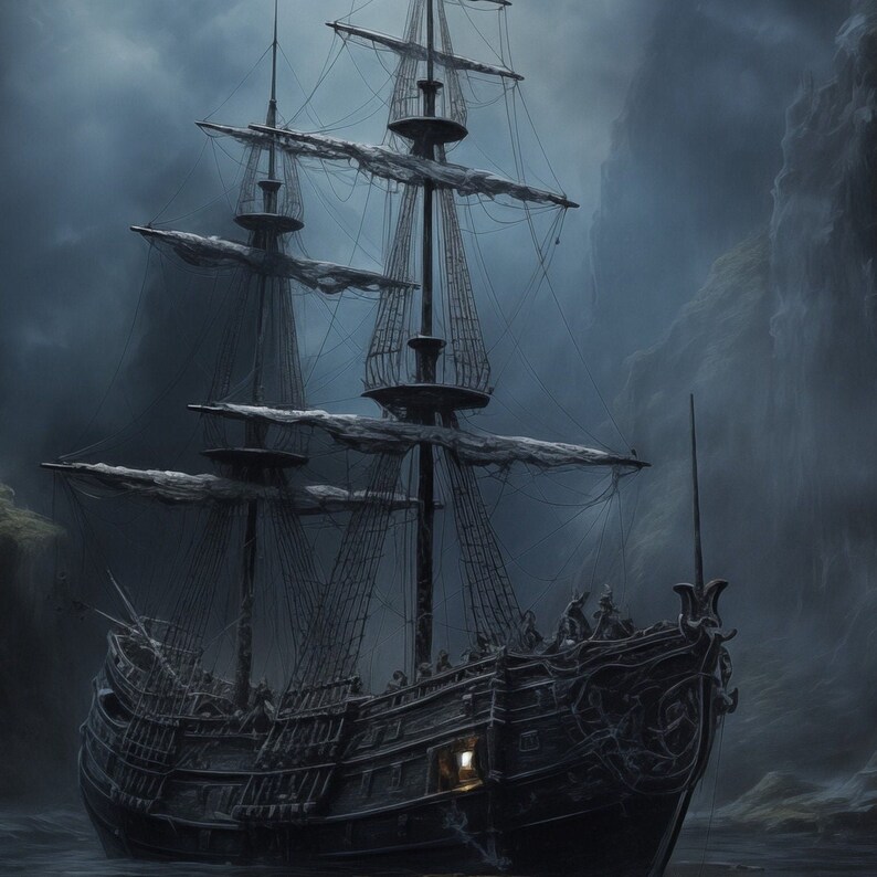Vintage Ship Ghost Ship Ship Oil Painting Print Nautical Art Dark ...