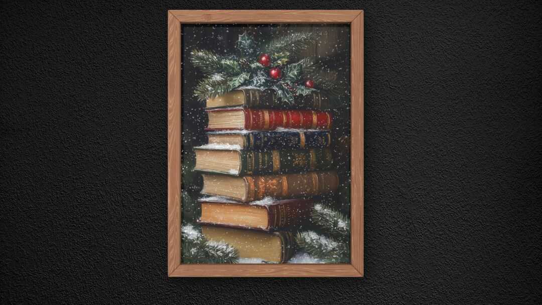 Vintage Books Rustic Christmas Wall Art Print Dark Cottagecore Dark ...