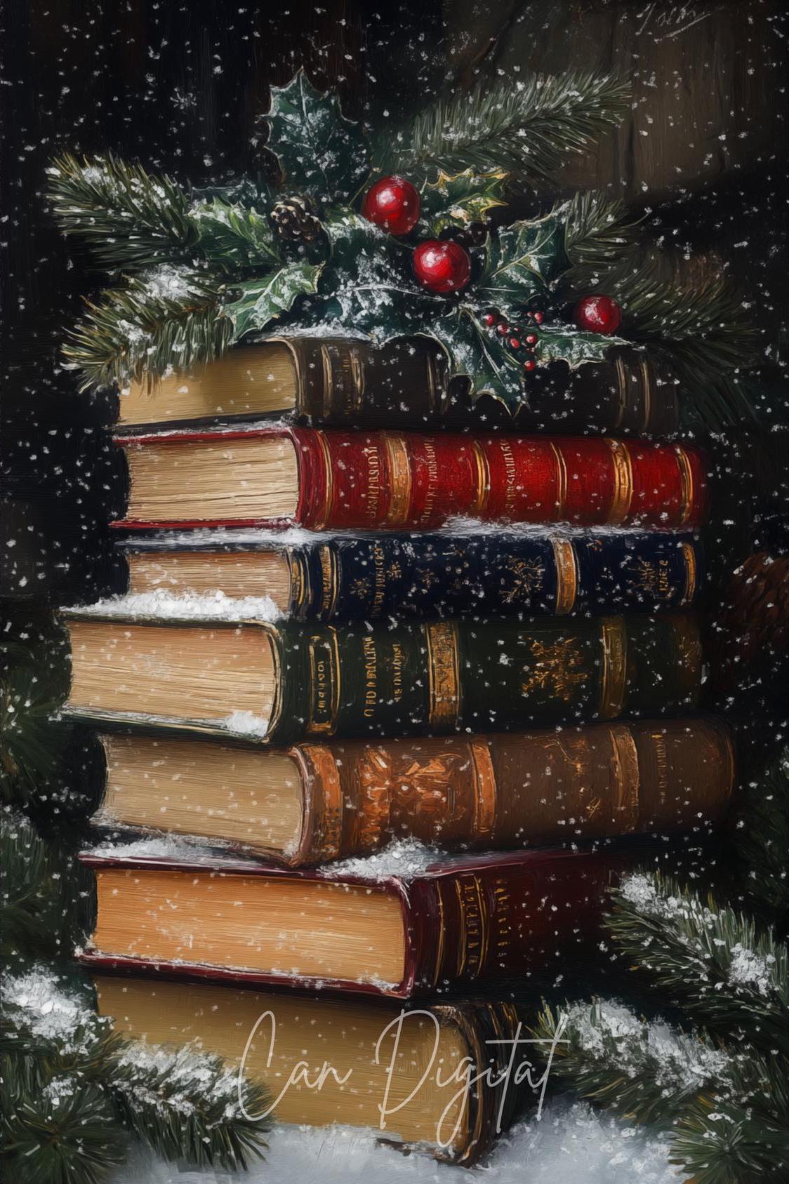Vintage Books Rustic Christmas Wall Art Print Dark Cottagecore Dark ...