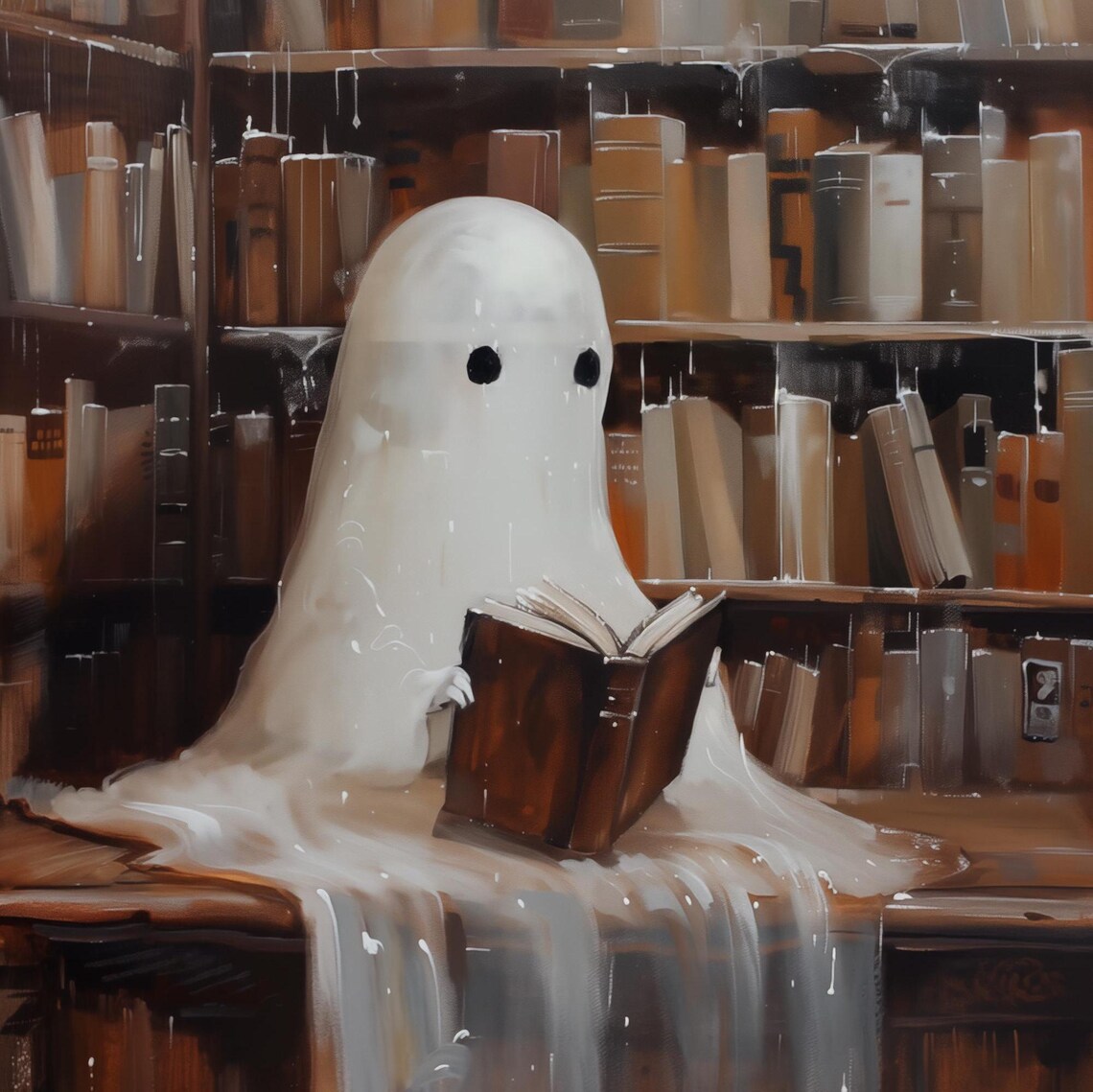Cute Ghost Reading in Library Digital Halloween Cottagecore Decor Dark ...