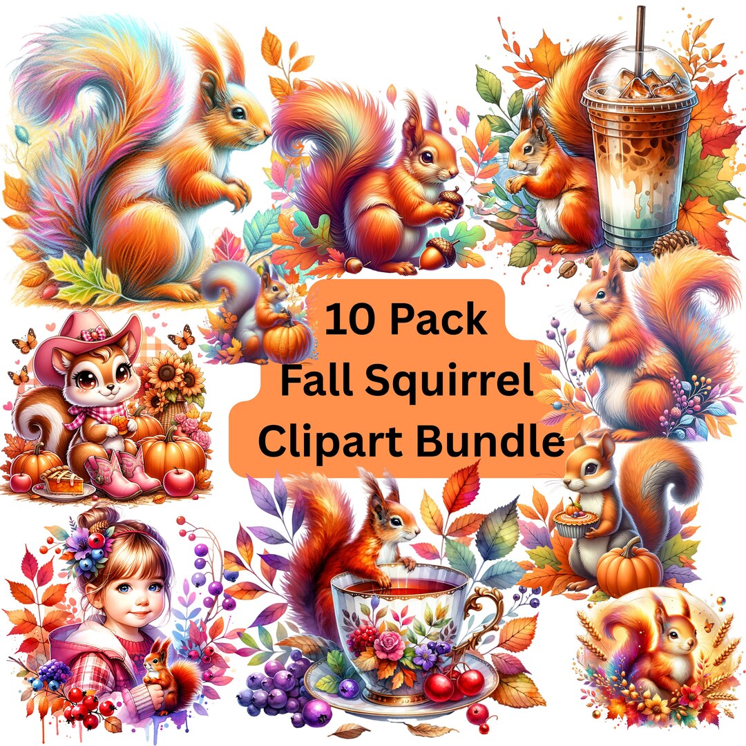 Cute Fall Squirrel Clipart Bundle, 10 Pack, Wildlife, Nature and ...