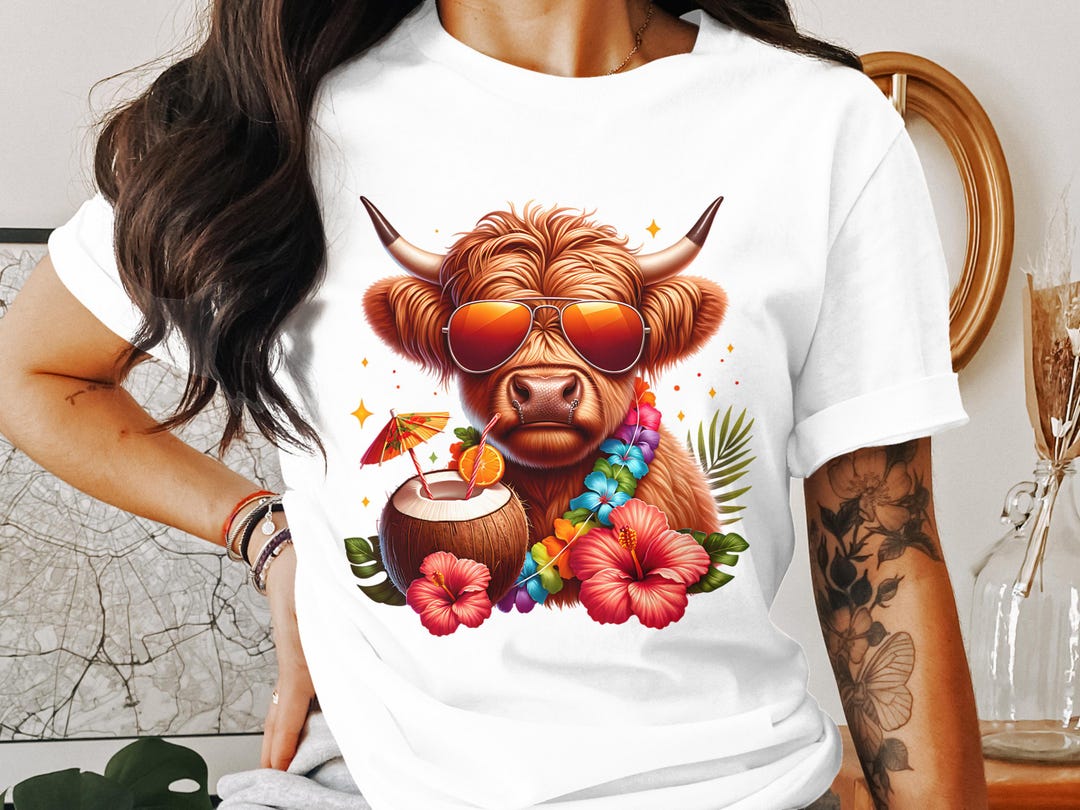 Hawaiian Hibiscus Coconut Highland Cow Clip Art, T-shirt Design ...