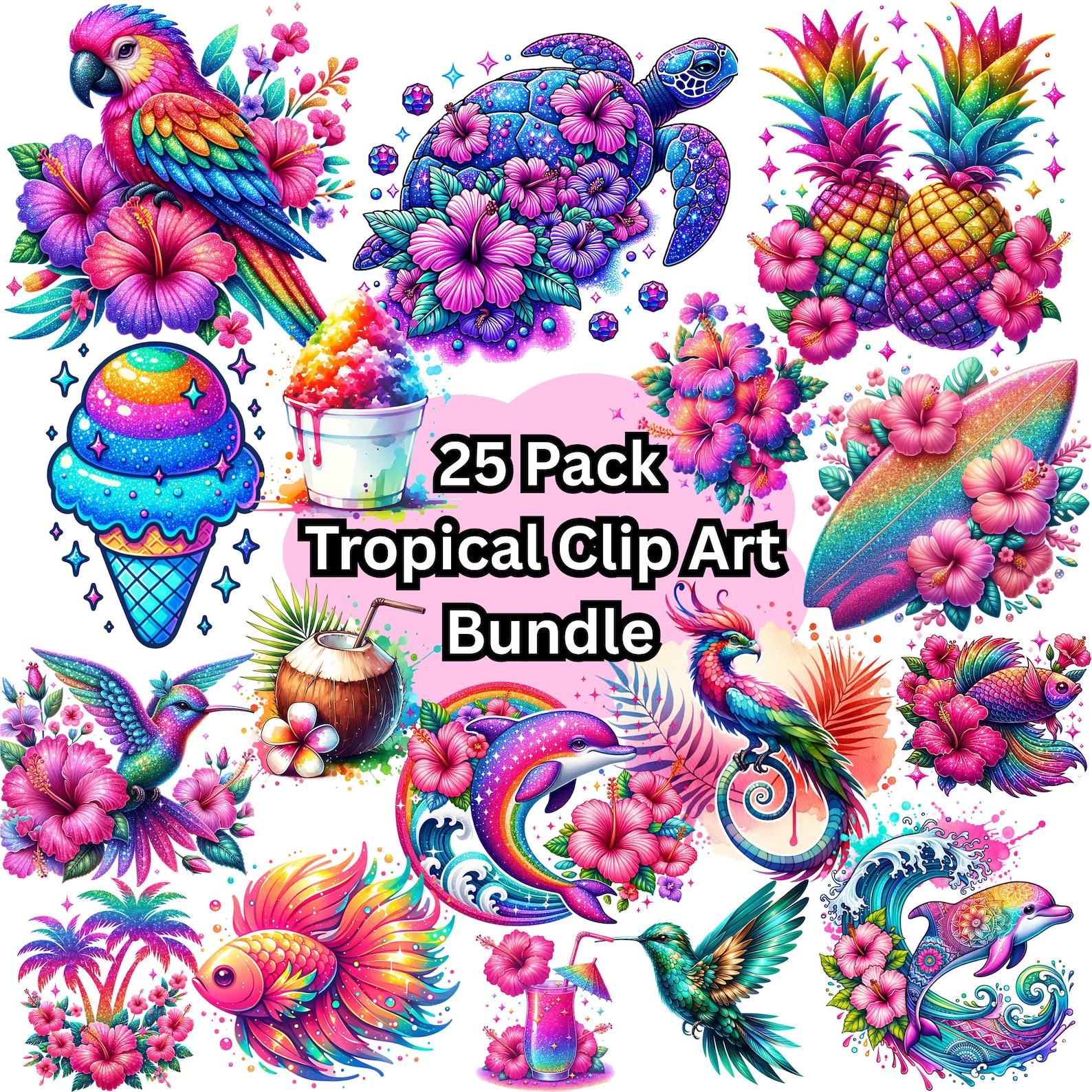 25 Pack Tropical Clip Art Bundle, PNG Digital Download, Glitter Sea ...