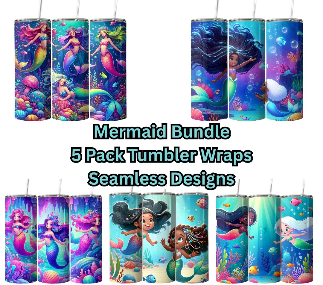 Seamless Mermaid Girls Tumbler Wrap Bundle, 5 Pack Mermaids, Under the ...