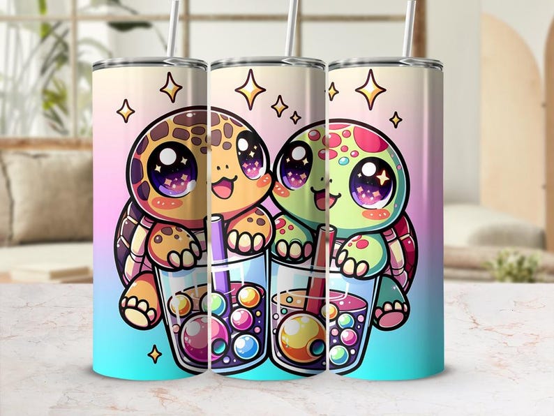 Kawaii Tumbler Wrap With Turtles and Boba Tea, PNG Digital Download ...