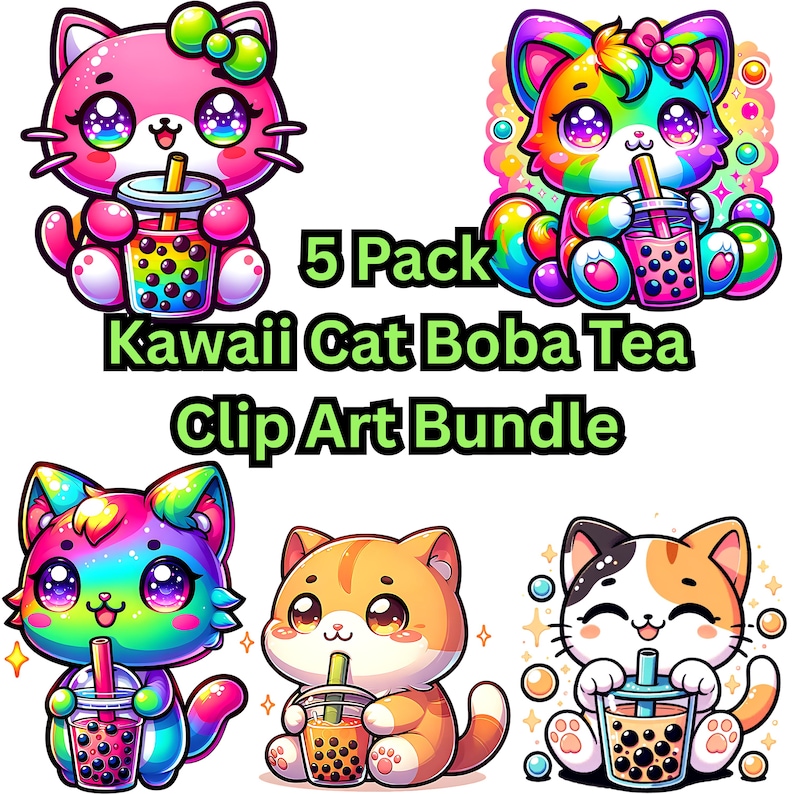 Kawaii Kitty Cat Boba Tea Clip Art Bundle, 5 Pack Sublimation Art ...