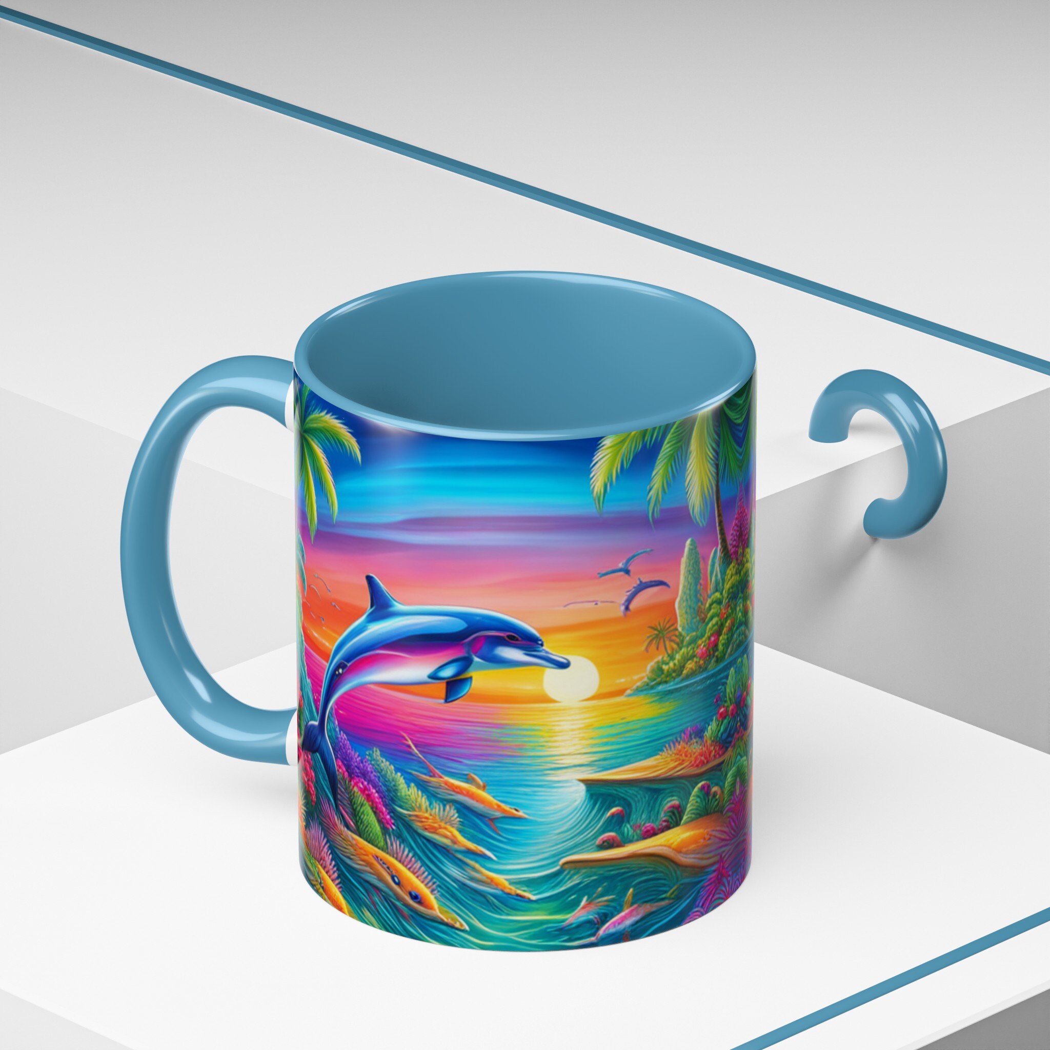 Rainbow Dolphin Mugs, Bright, Colorful, Tropical Beach Island Cup ...