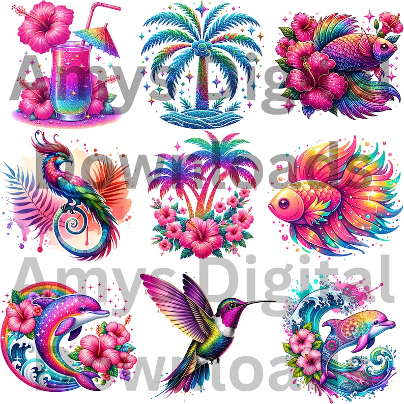 25 Pack Tropical Clip Art Bundle, PNG Digital Download, Glitter Sea ...