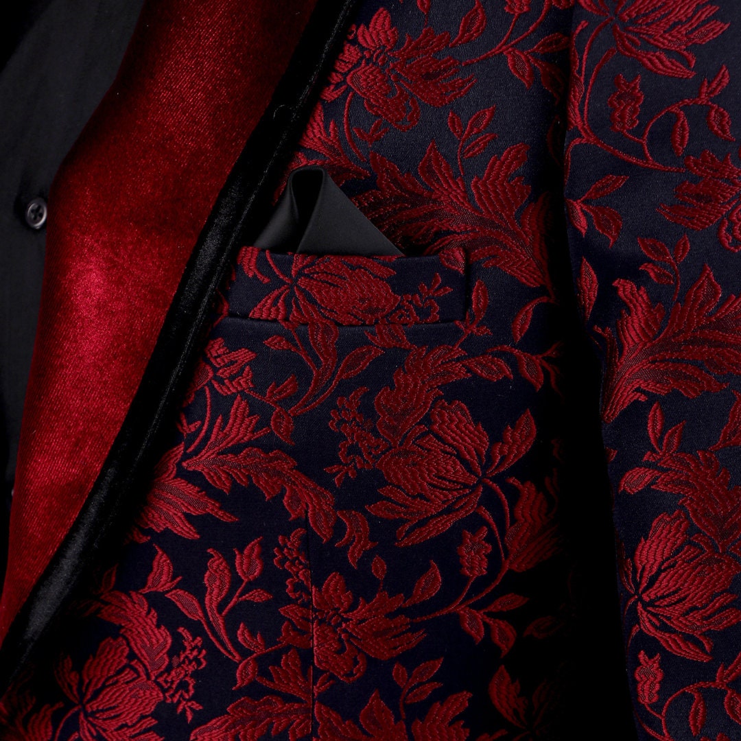 Men's Red Floral Designer Brocade Tuxedo Dinner Suit Jacket Custom-made ...