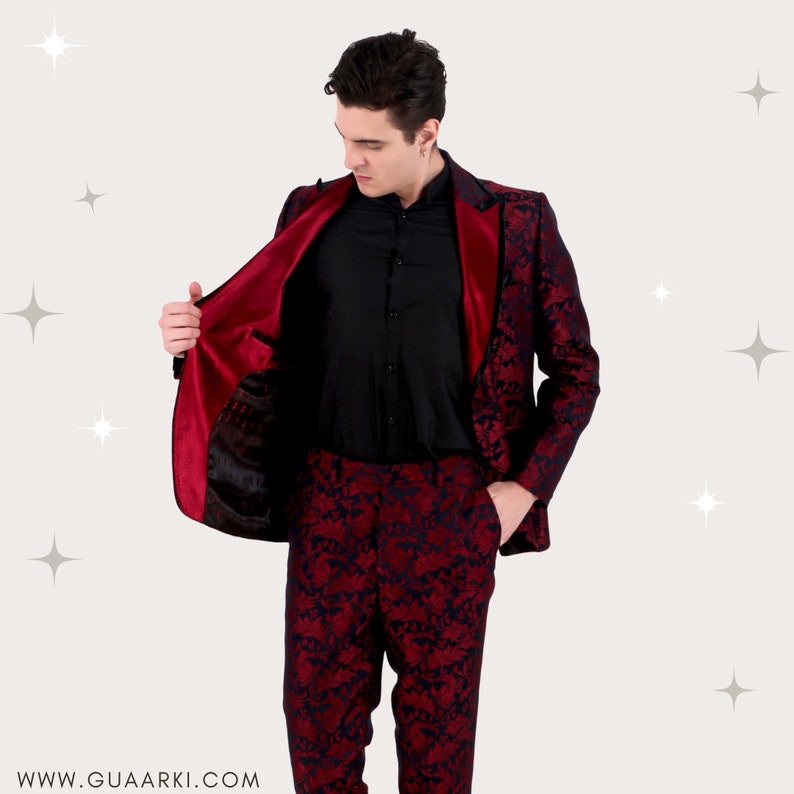 Men's Red Floral Designer Brocade Tuxedo Dinner Suit Jacket Custom-made ...
