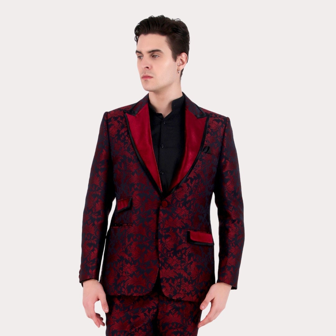 Men's Red Floral Designer Brocade Tuxedo Dinner Suit Jacket Custom-made ...