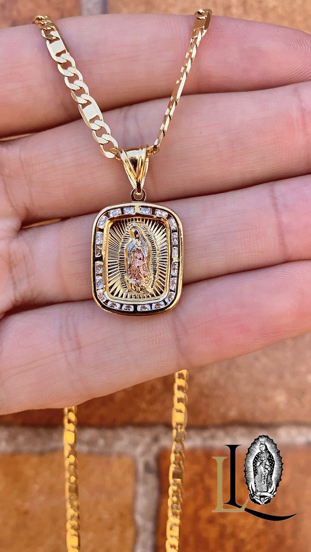 Men's 18K Gold Filled Virgen De Guadalupe Necklace: 24" Curb Chain ...