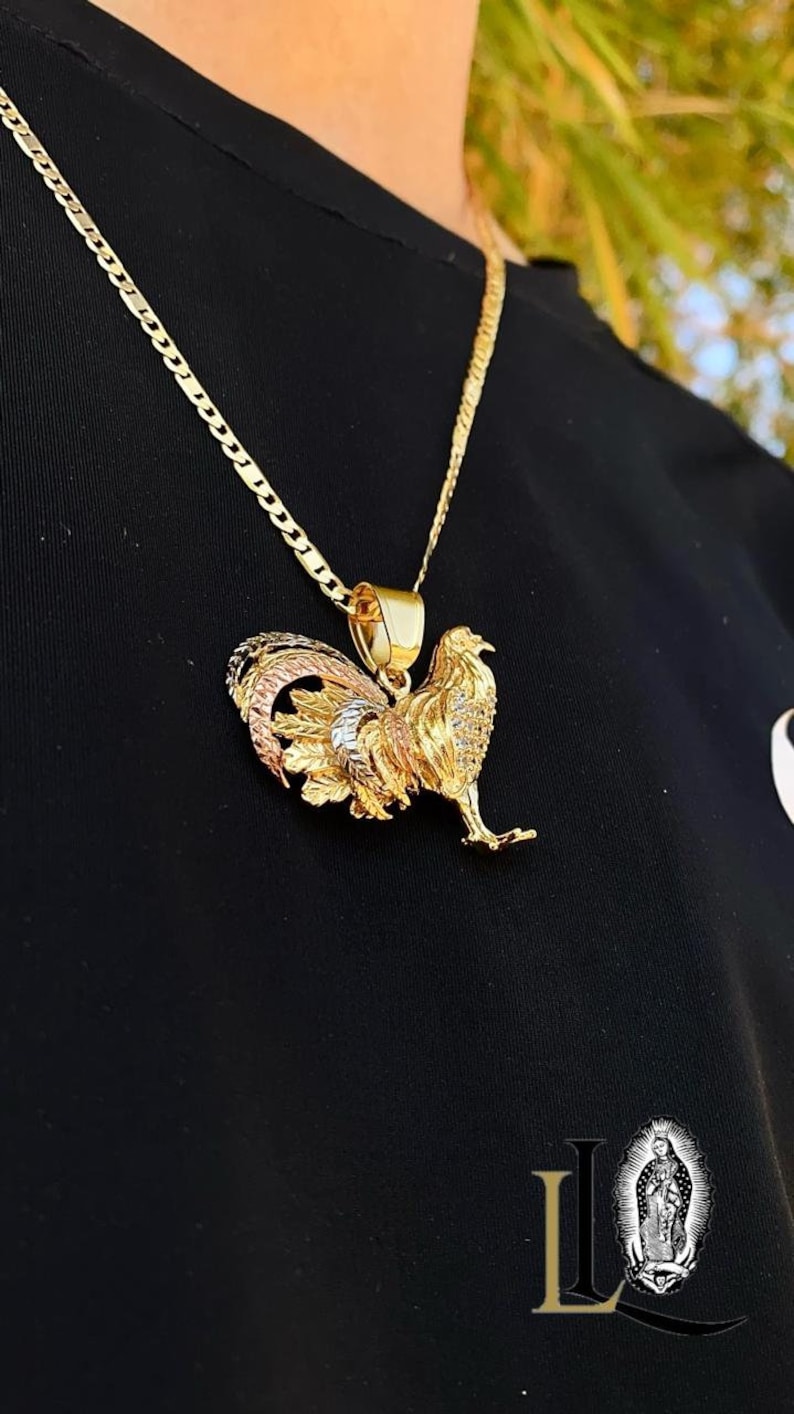 14K Gold Filled Rooster Pendant Necklace: CZ Stone Accent, 24" Curb ...