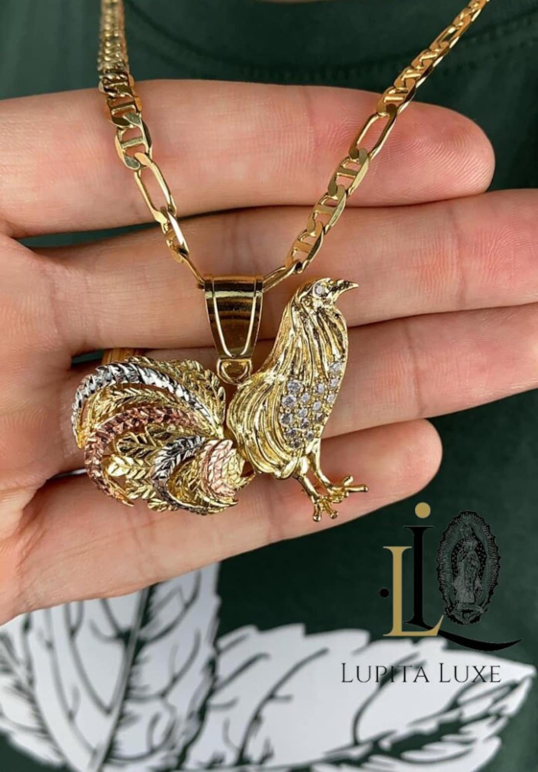 Rooster Chicken Necklace CZ Tri Color • Chicken Rooster Pendant 33x45 ...