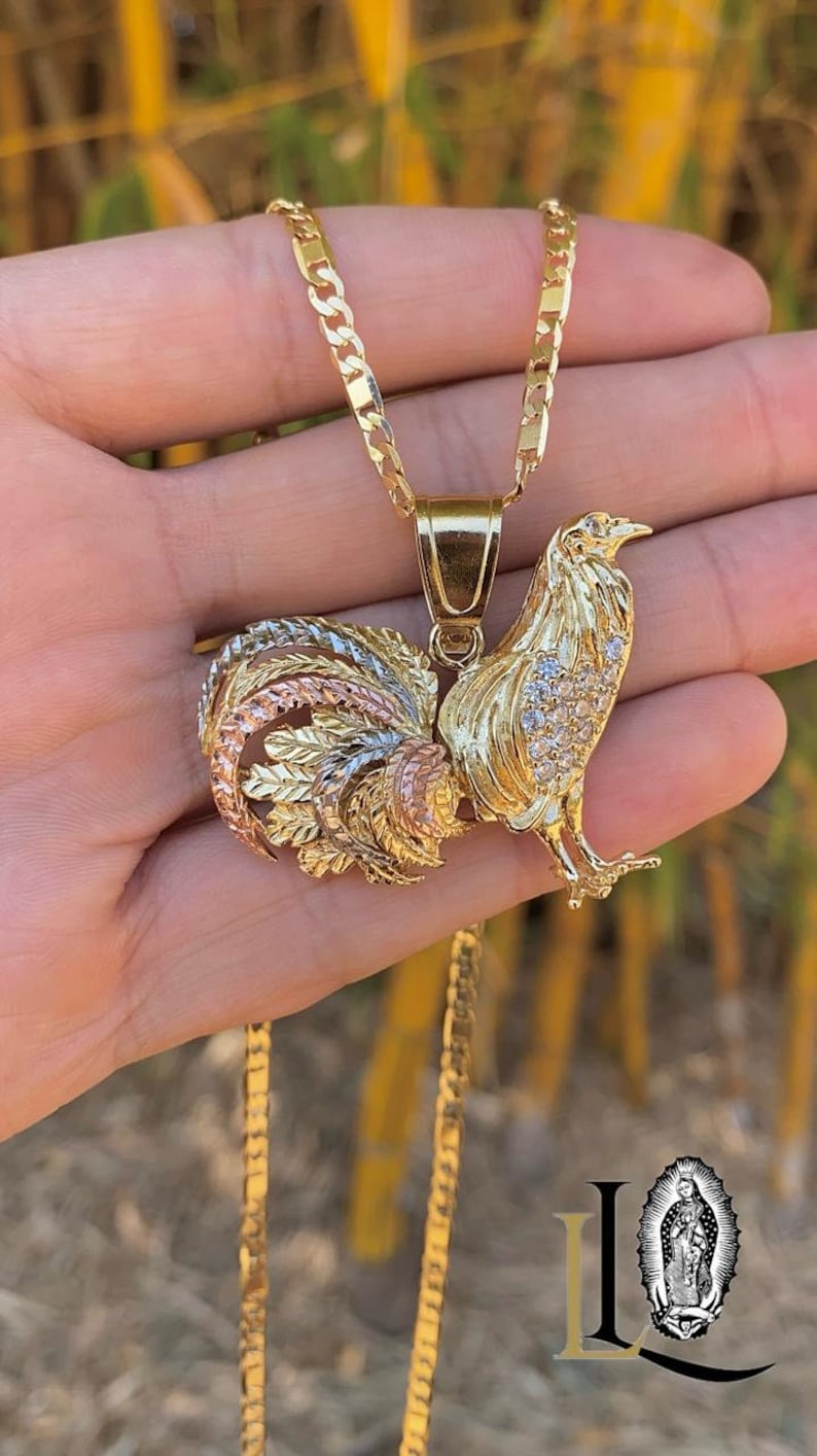 14K Gold Filled Rooster Pendant Necklace: CZ Stone Accent, 24" Curb ...