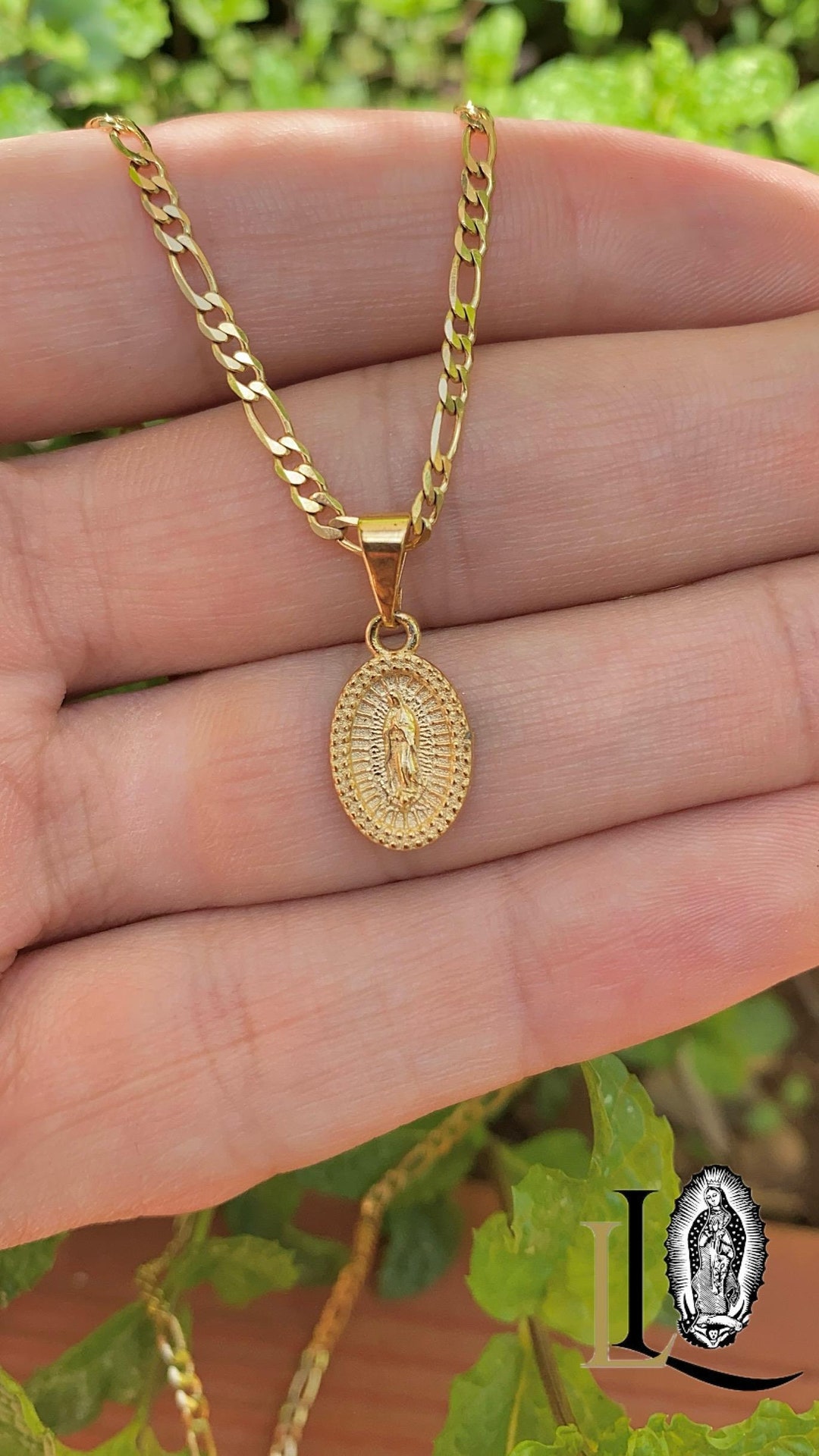 14K Gold Filled Virgen De Guadalupe Necklace: Diamond Cut Figaro Chain ...