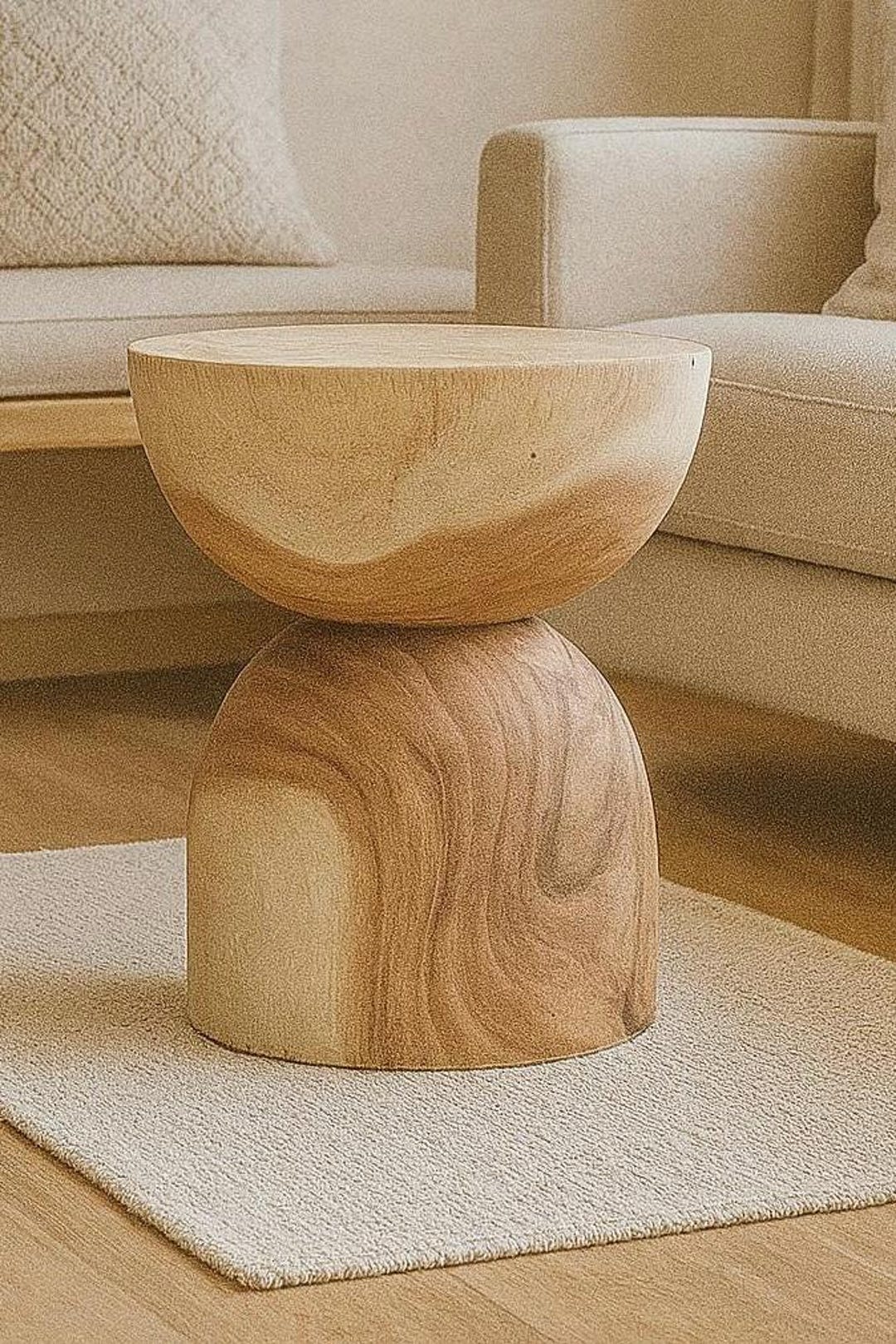 Solid Wood Stool – Double Layer Carved Bowl Shape | Handmade Natural ...