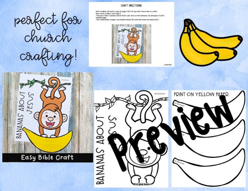 Monkey Banana Christian Craft: Sunday School Coloring Activity (digital ...