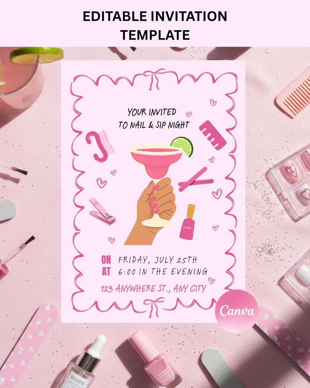 Nail & Sip Night Invitation Template | Editable Canva Invite | Girls ...