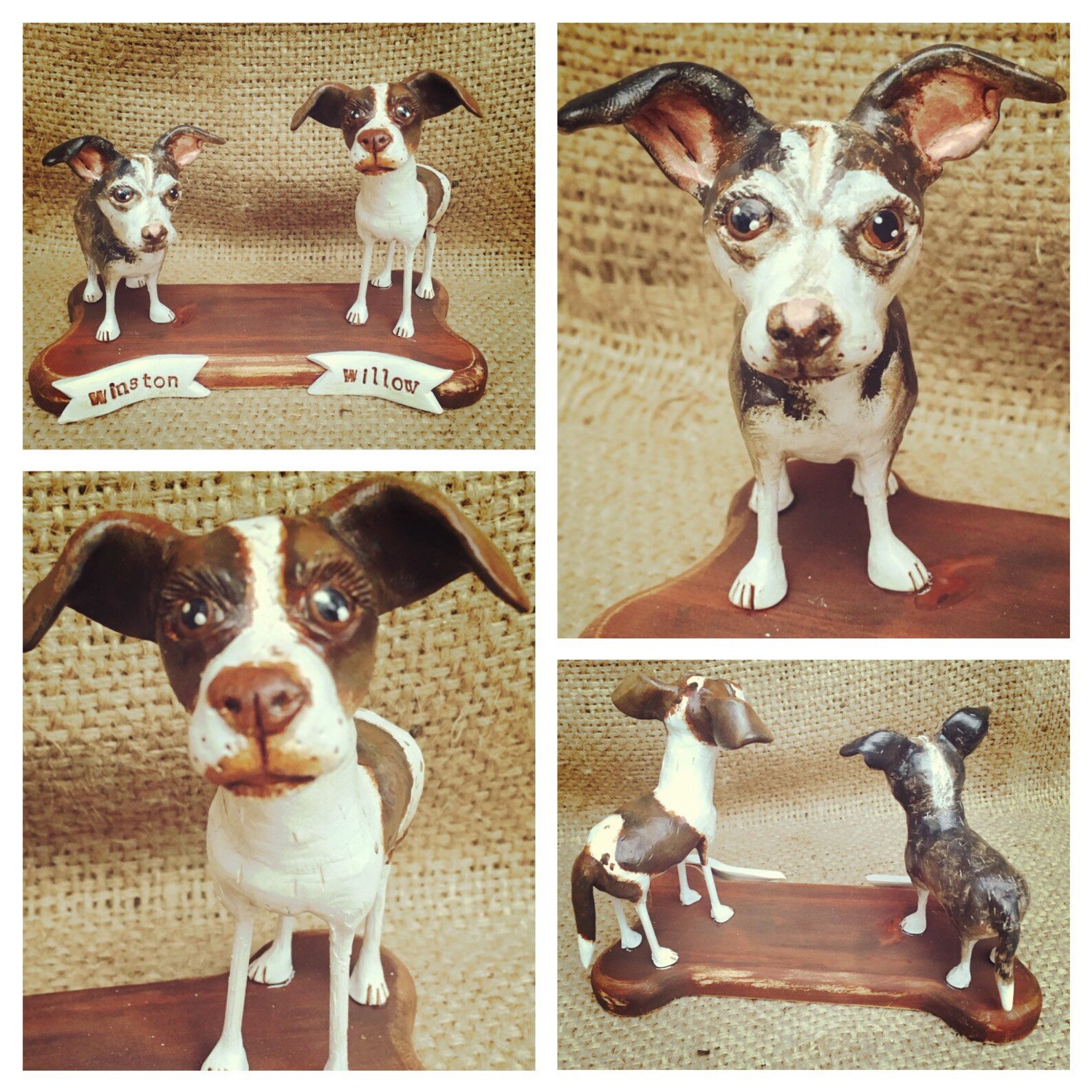 Two Customized Pet Dogs Clay Folk Art Sculpture on Wooden Bone Base Pet ...