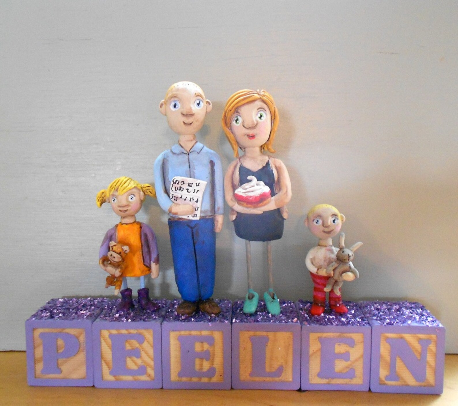 Family Portrait of FOUR Clay Folk Art Sculpture on Letter - Etsy