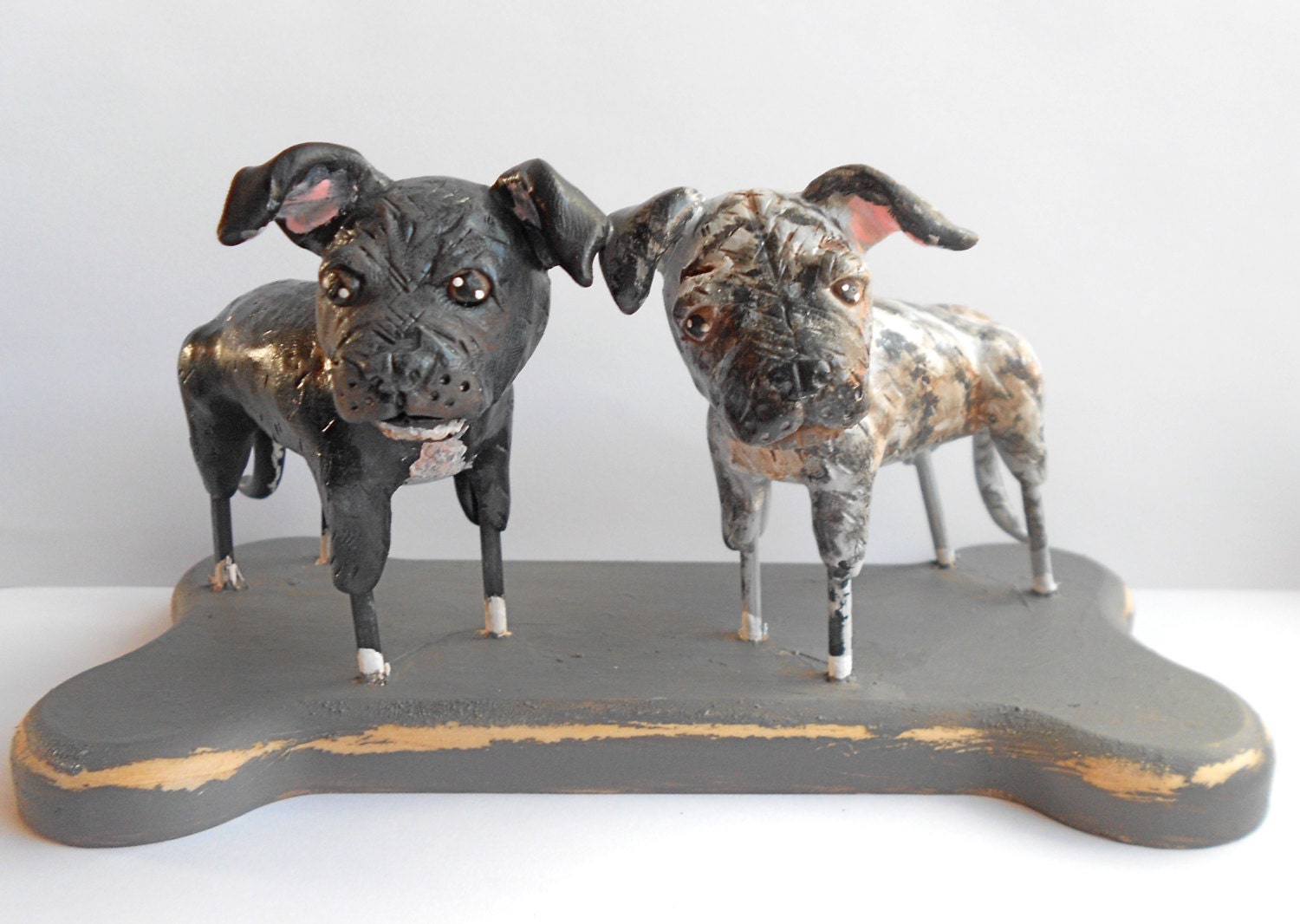 Two Customized Pet Dogs Clay Folk Art Sculpture on Wooden Bone Base Pet ...