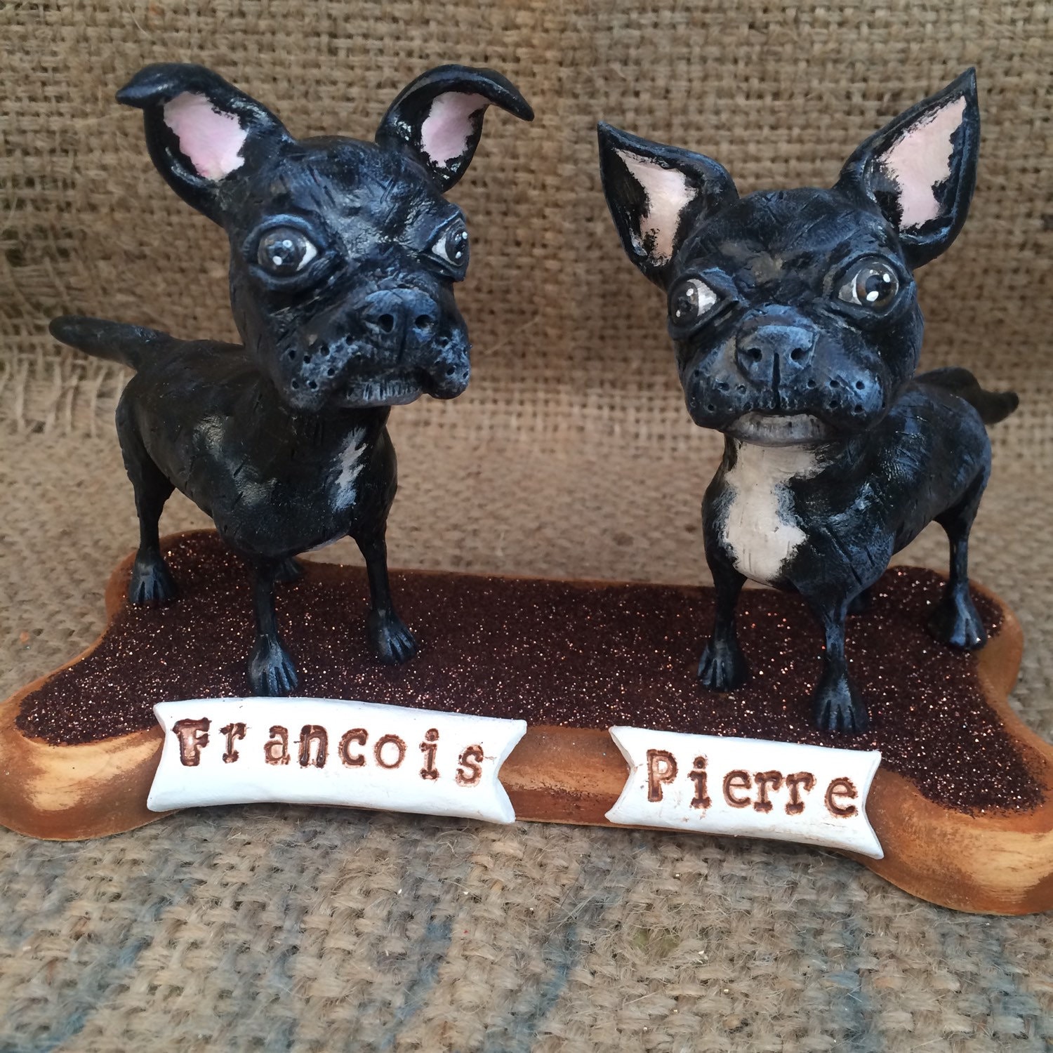 Two Customized Pet Dogs Clay Folk Art Sculpture on Wooden Bone Base Pet ...