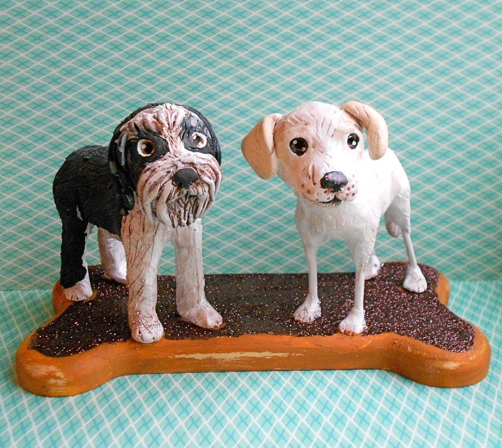Two Customized Pet Dogs Clay Folk Art Sculpture on Wooden Bone Base Pet ...