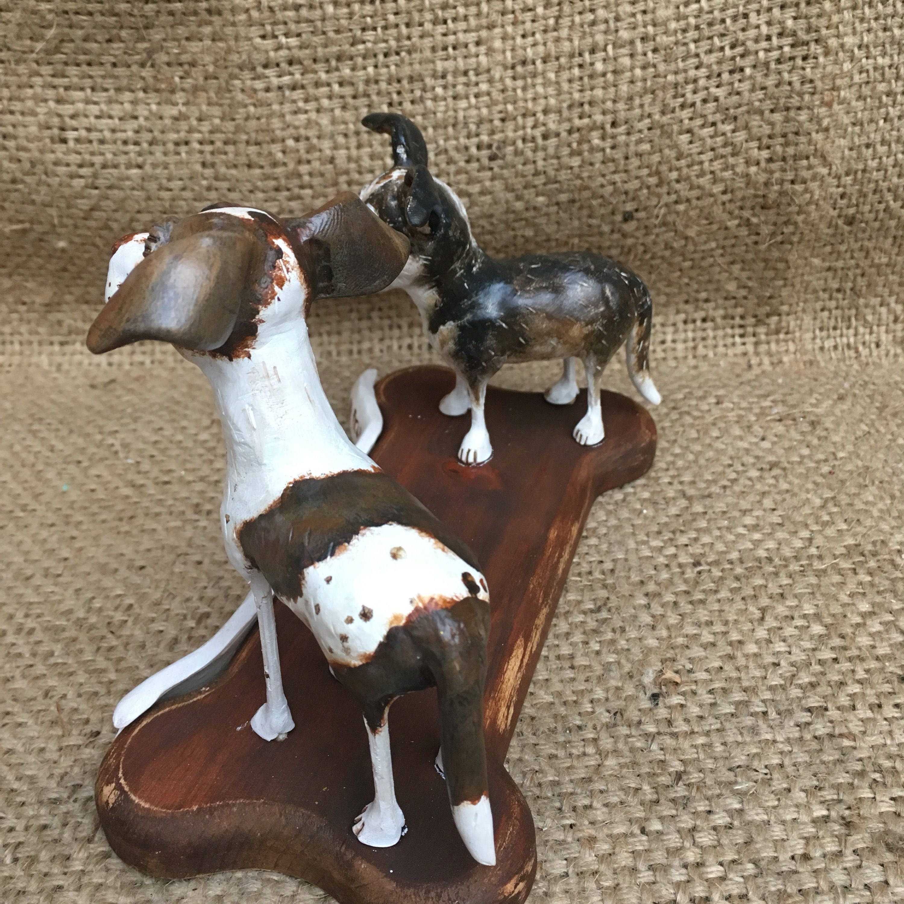 Two Customized Pet Dogs Clay Folk Art Sculpture on Wooden Bone Base Pet ...