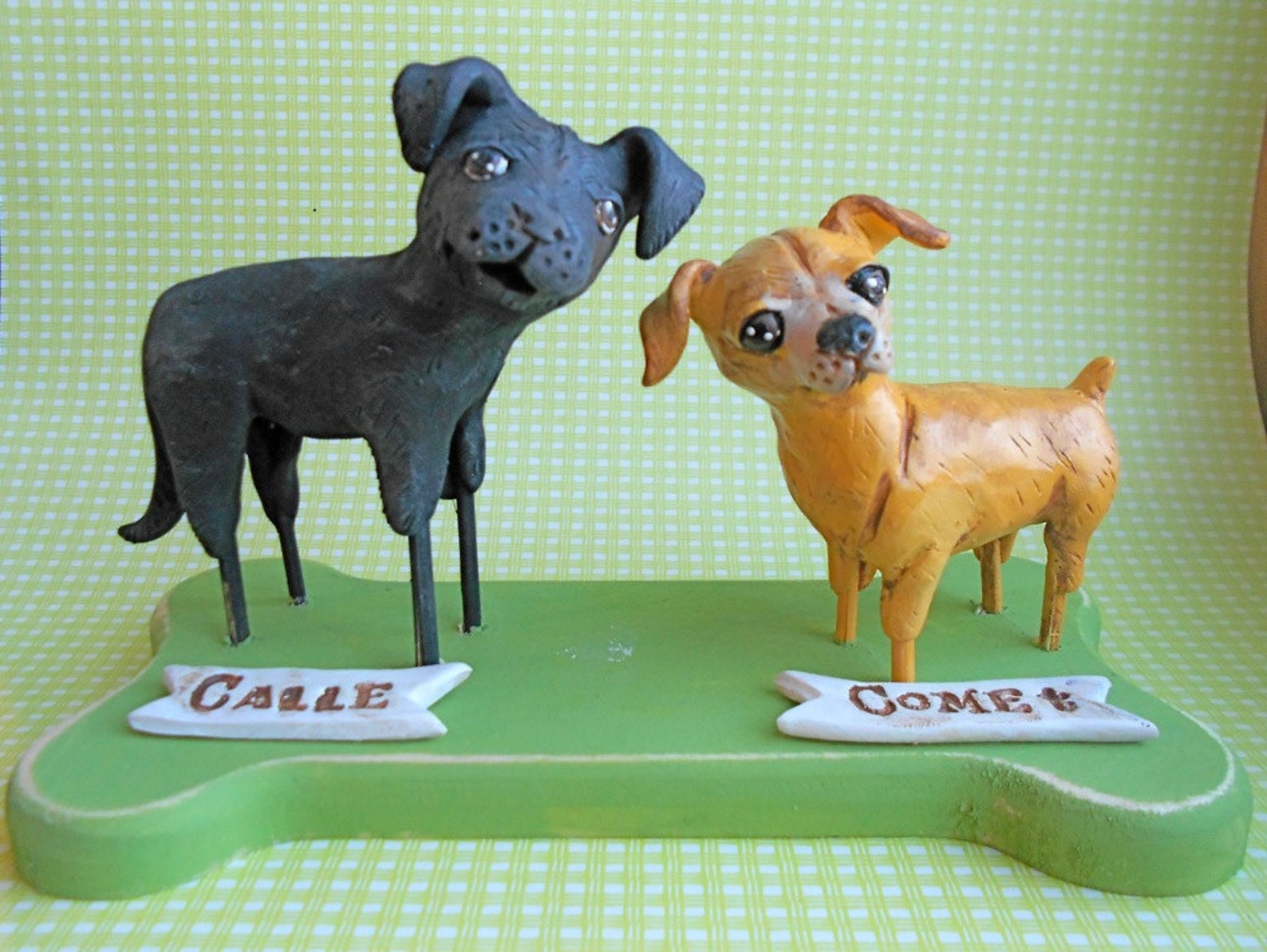 Two Customized Pet Dogs Clay Folk Art Sculpture on Wooden Bone Base Pet ...