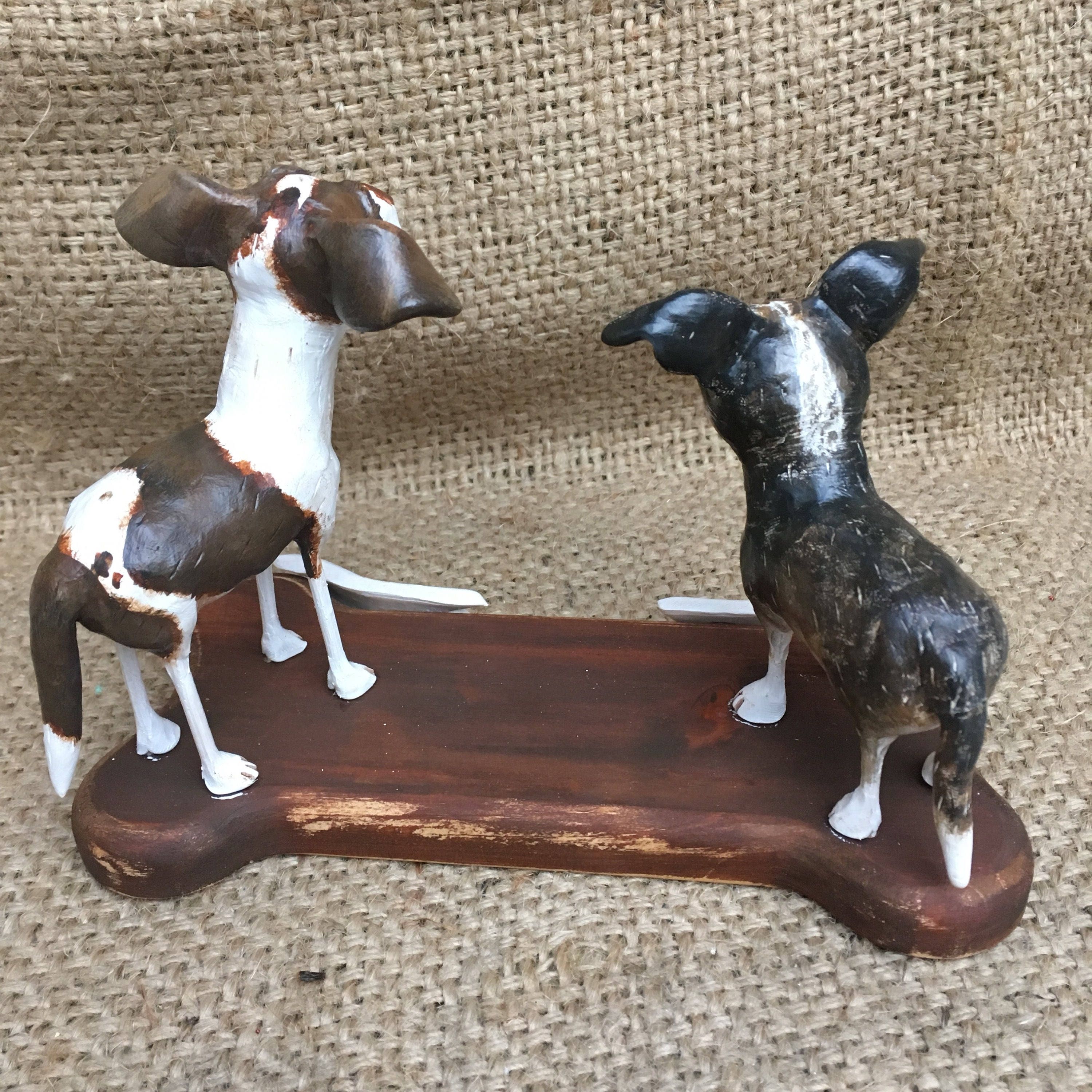 Two Customized Pet Dogs Clay Folk Art Sculpture on Wooden Bone Base Pet ...