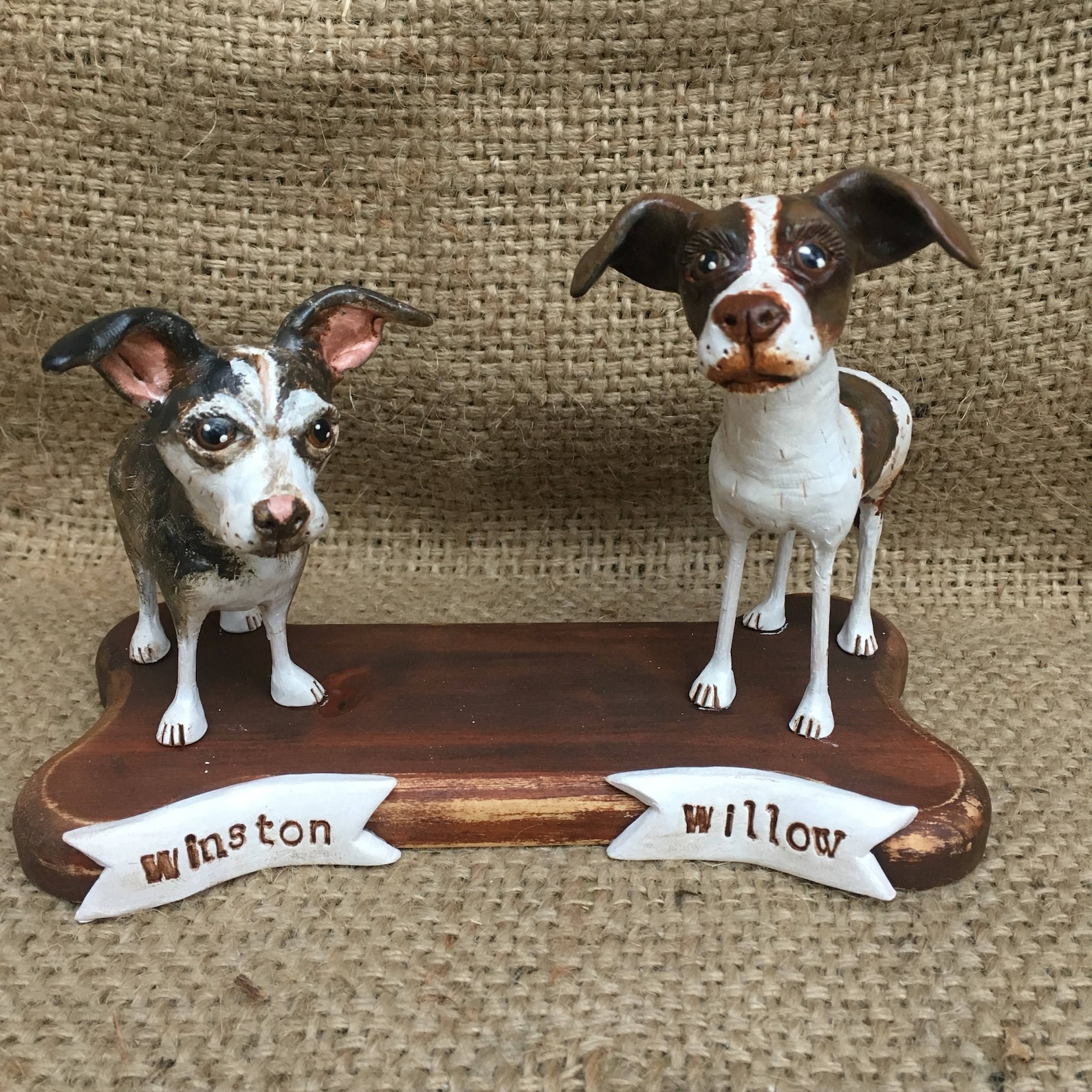 Two Customized Pet Dogs Clay Folk Art Sculpture on Wooden Bone Base Pet ...